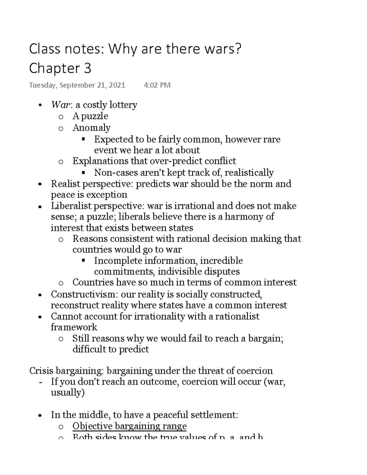 Class notes Why are there wars Chapter 3 - War: a costly lottery A ...