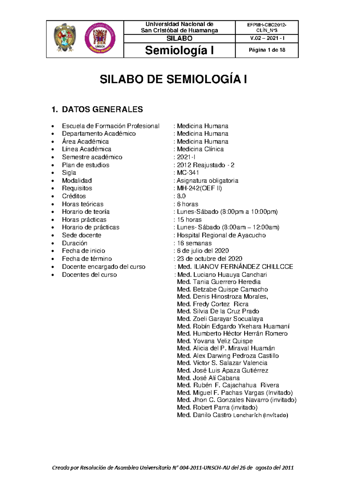 Semiologia oficial - asdasda - San Cristóbal de Huamanga CLÍN_N° SILABO ...