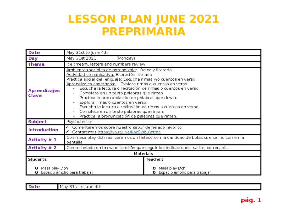 Lesson PLAN JUNE Preprimaria - PREPRIMARIA Date May 31st to June 4th ...