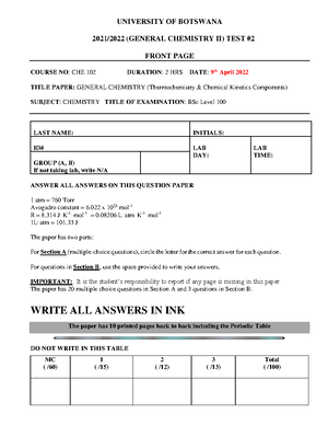 CHE 102 Test #2 2018 Final + Answers (30 04 18) - UNIVERSITY OF ...