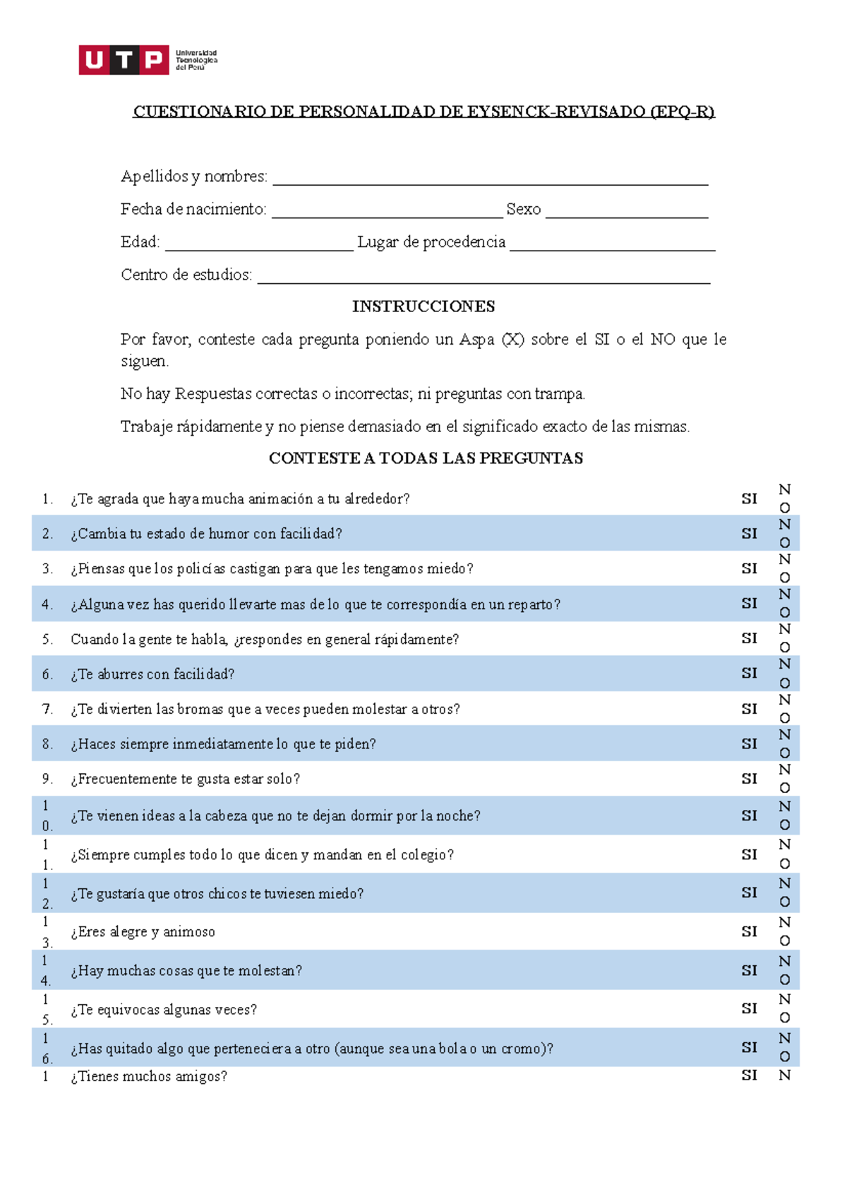 S13 - Cuestionario DE Eysenck EPQ-J - CUESTIONARIO DE PERSONALIDAD DE ...
