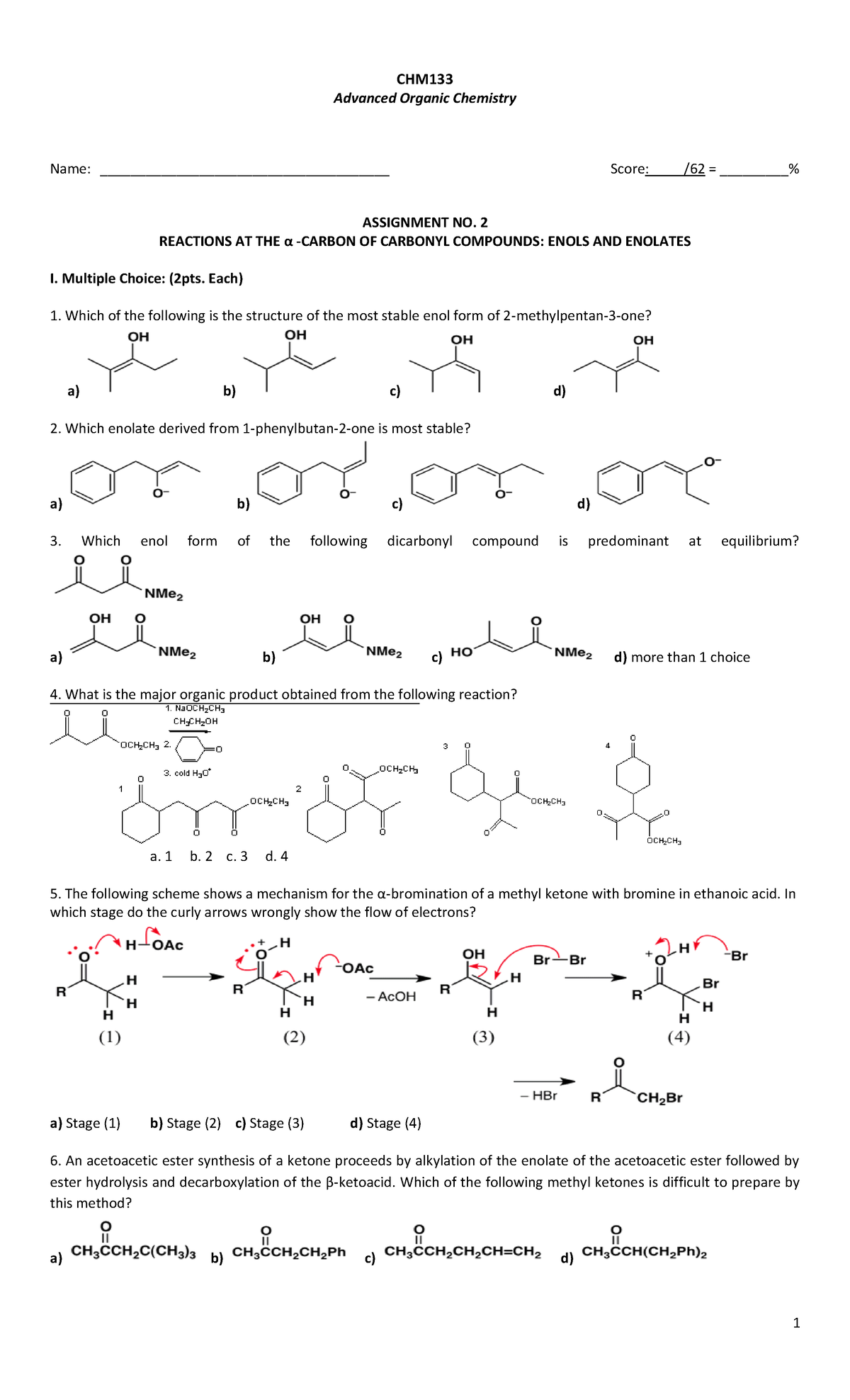 Quiz-No - Chmm - Advanced Organic Chemistry CHM Name