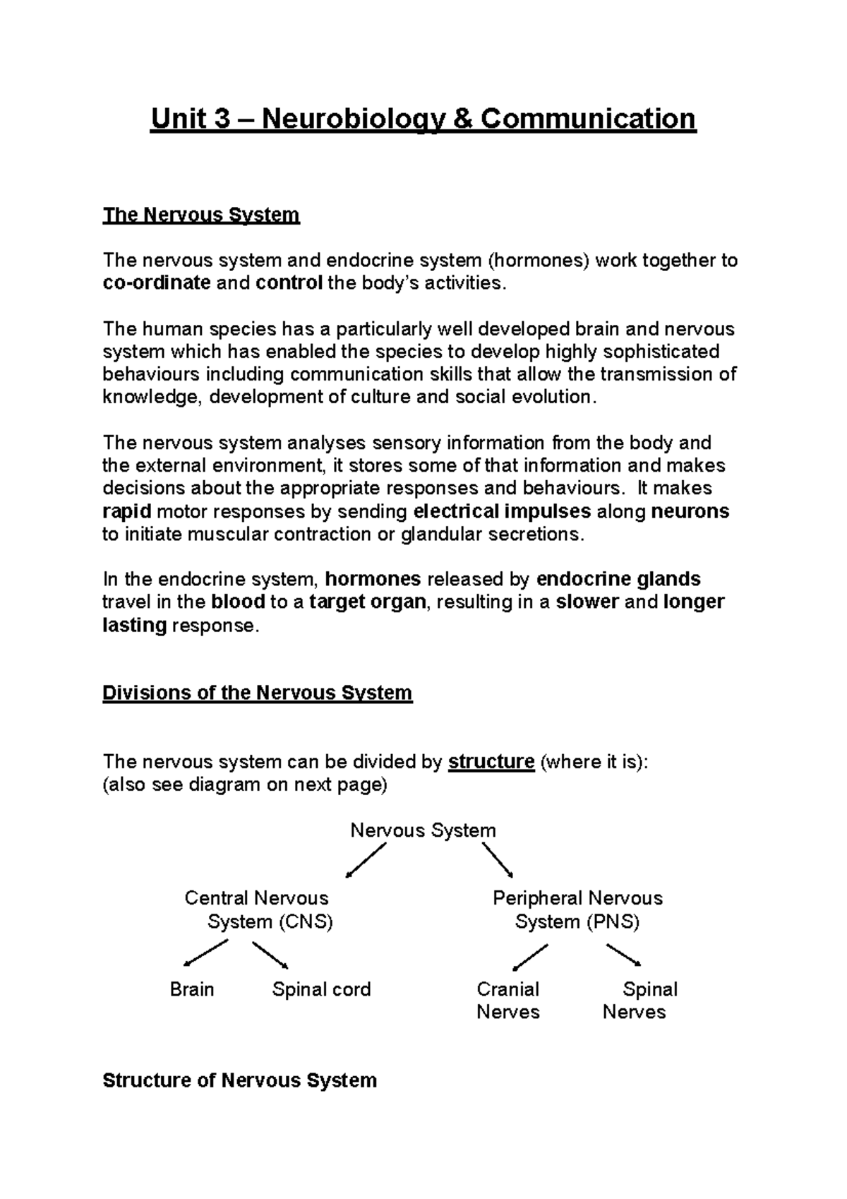 Nervous System Handout - Unit 3 – Neurobiology & Communication The ...