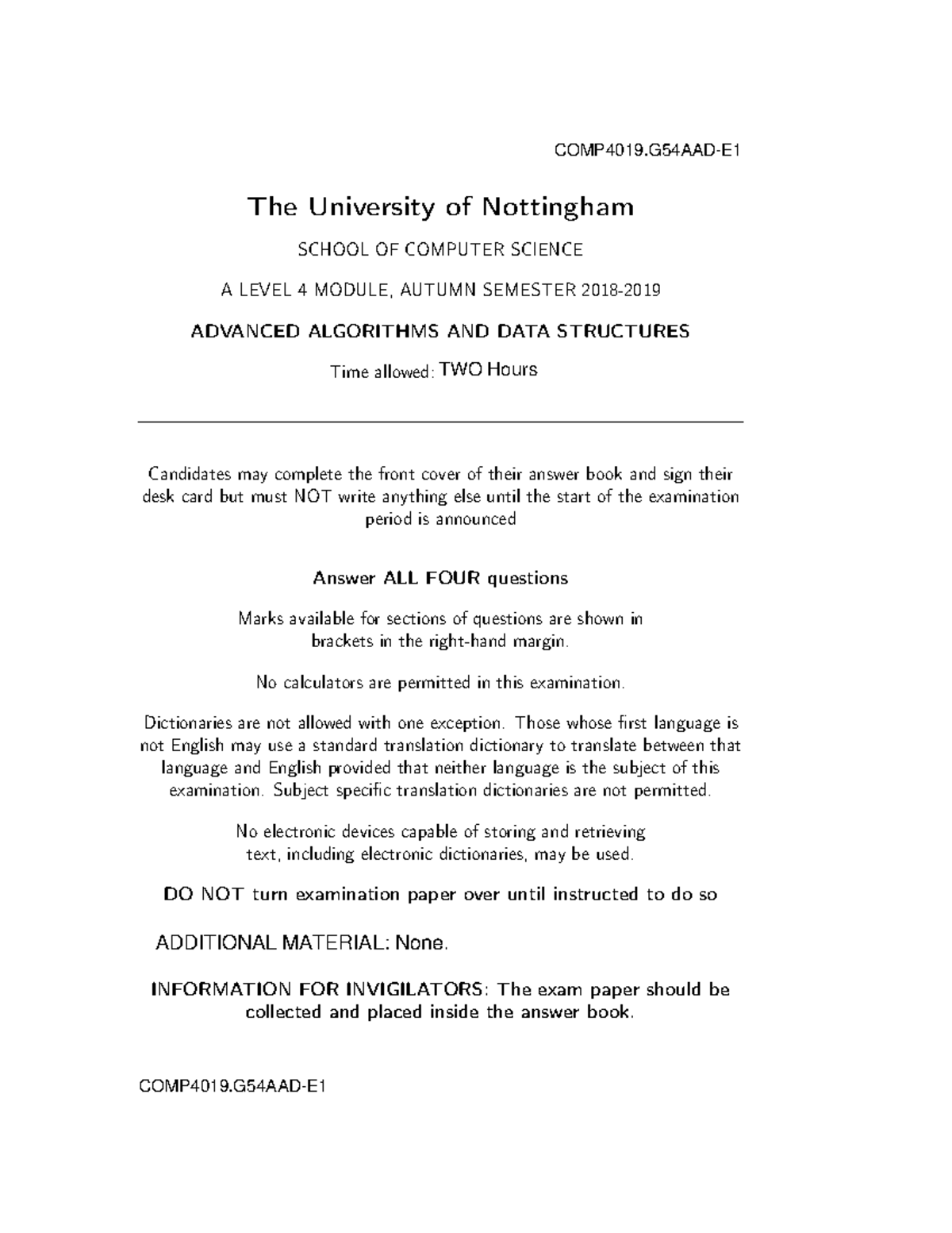 COMP4019 Exam Autumn 2018/19 - The University of Nottingham SCHOOL OF ...