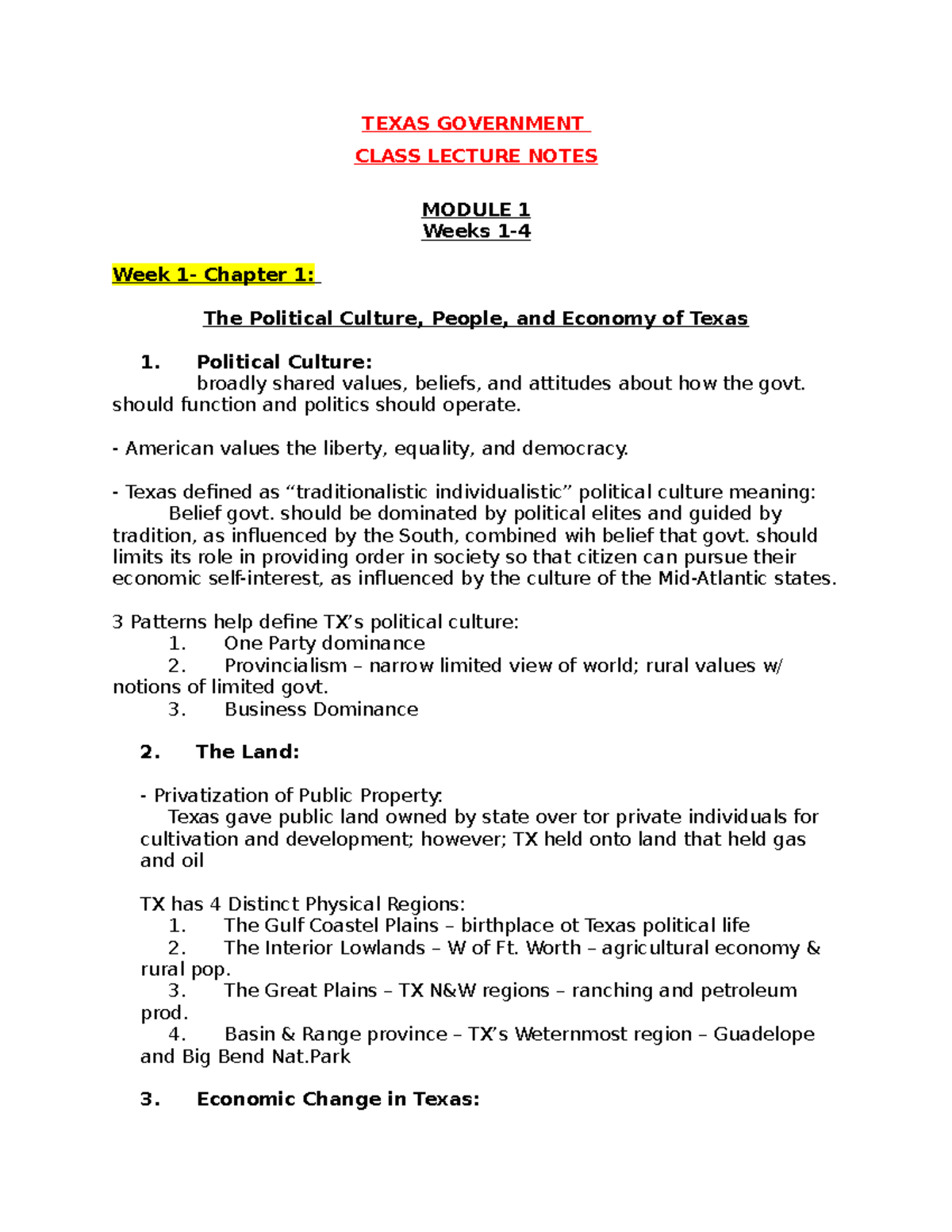 Texas Government Class Lecture Notes - TEXAS GOVERNMENT CLASS LECTURE ...
