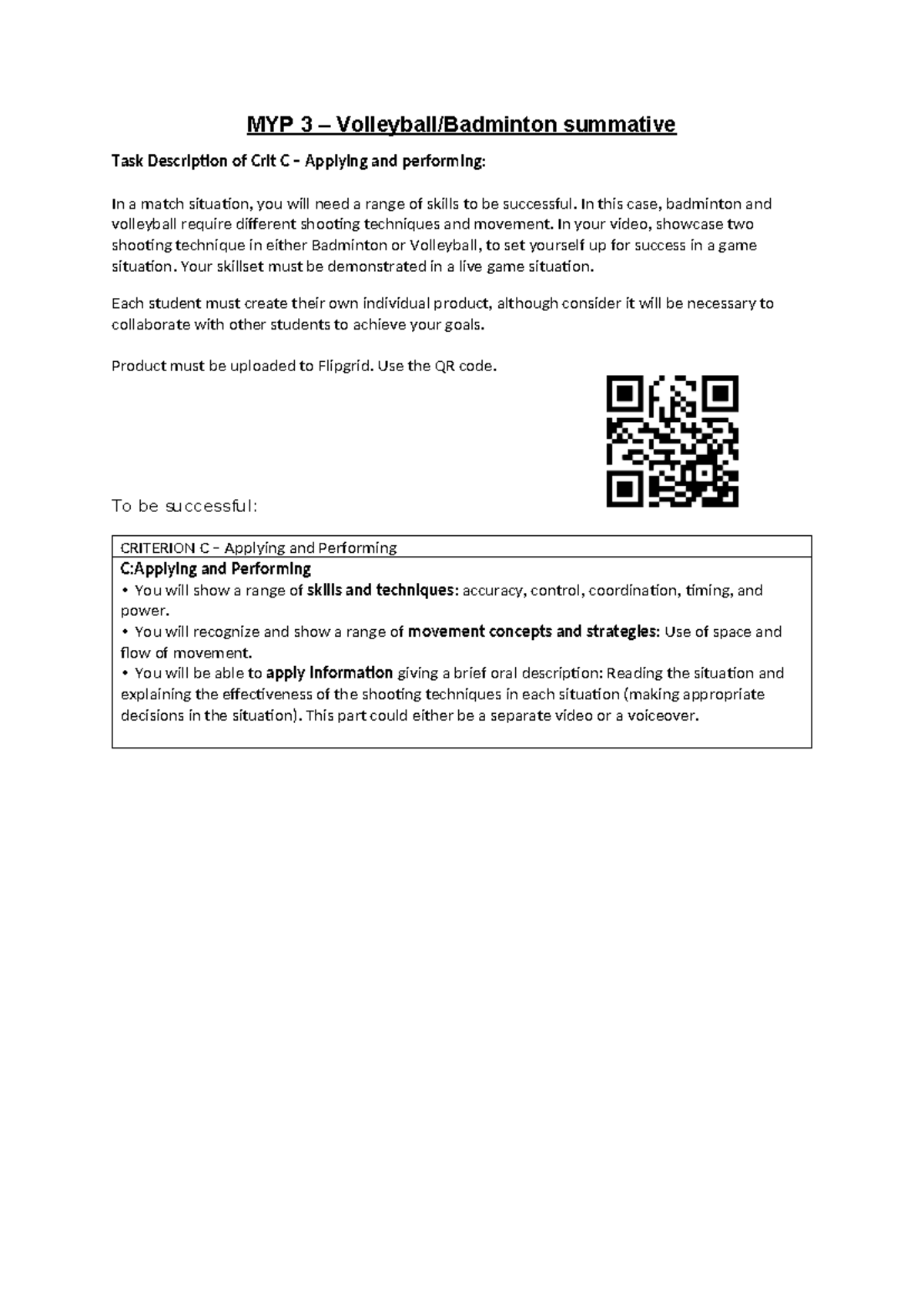 Crit C summative - dewd - MYP 3 – Volleyball/Badminton summative Task ...