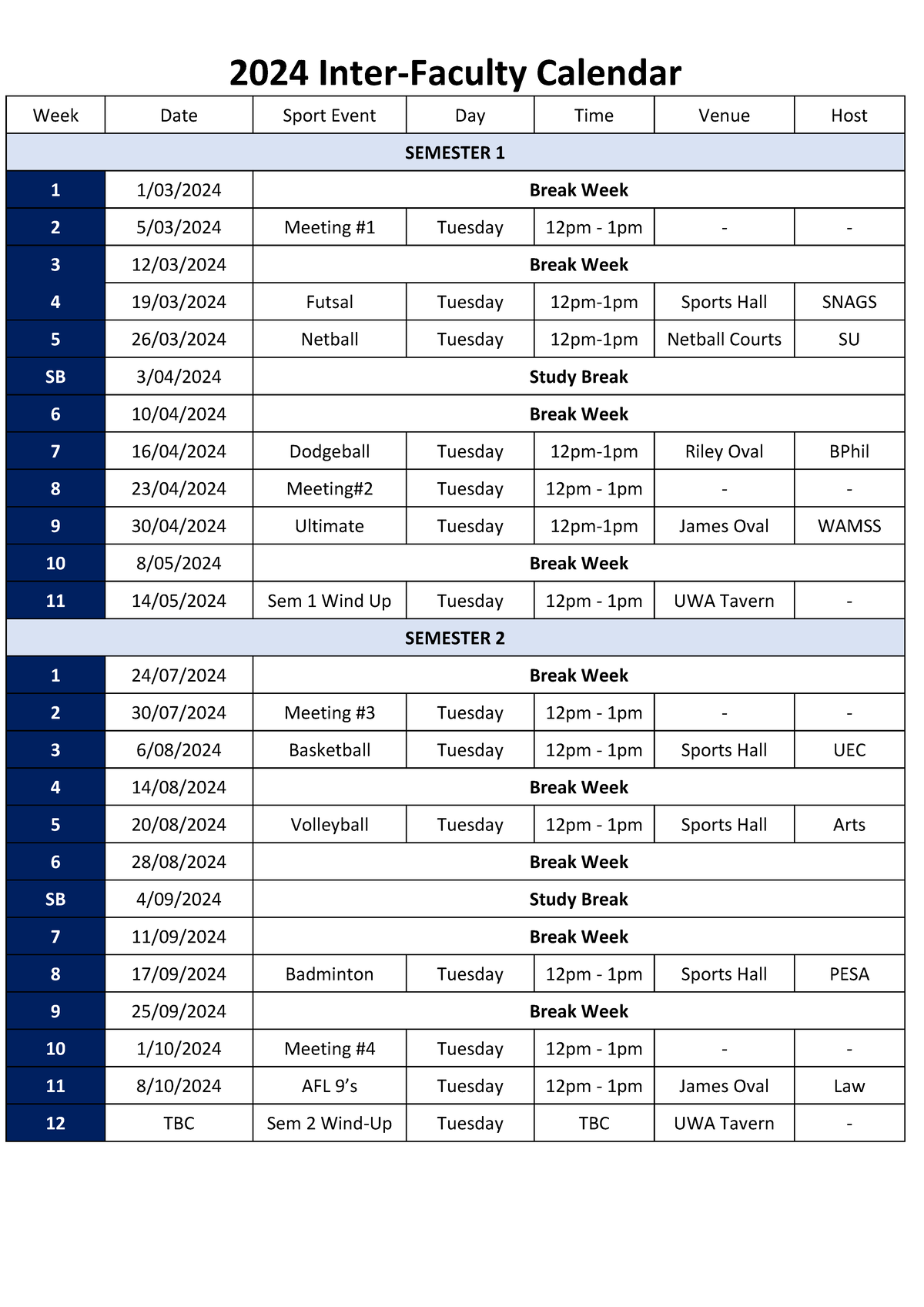 2024 IF Calendar - 2024 Inter-Faculty Calendar Week Date Sport Event ...