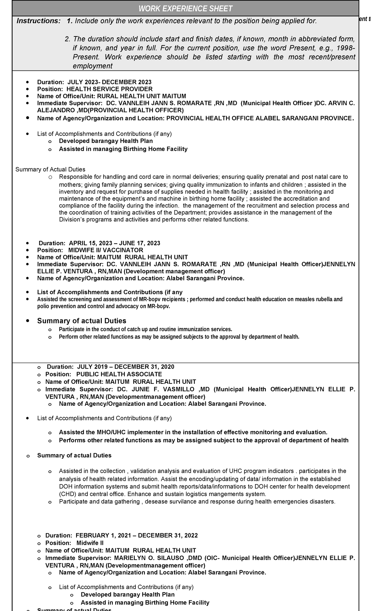 Work-Experience-Sheet quibo 2024 - Attachment to WORK EXPERIENCE SHEET ...