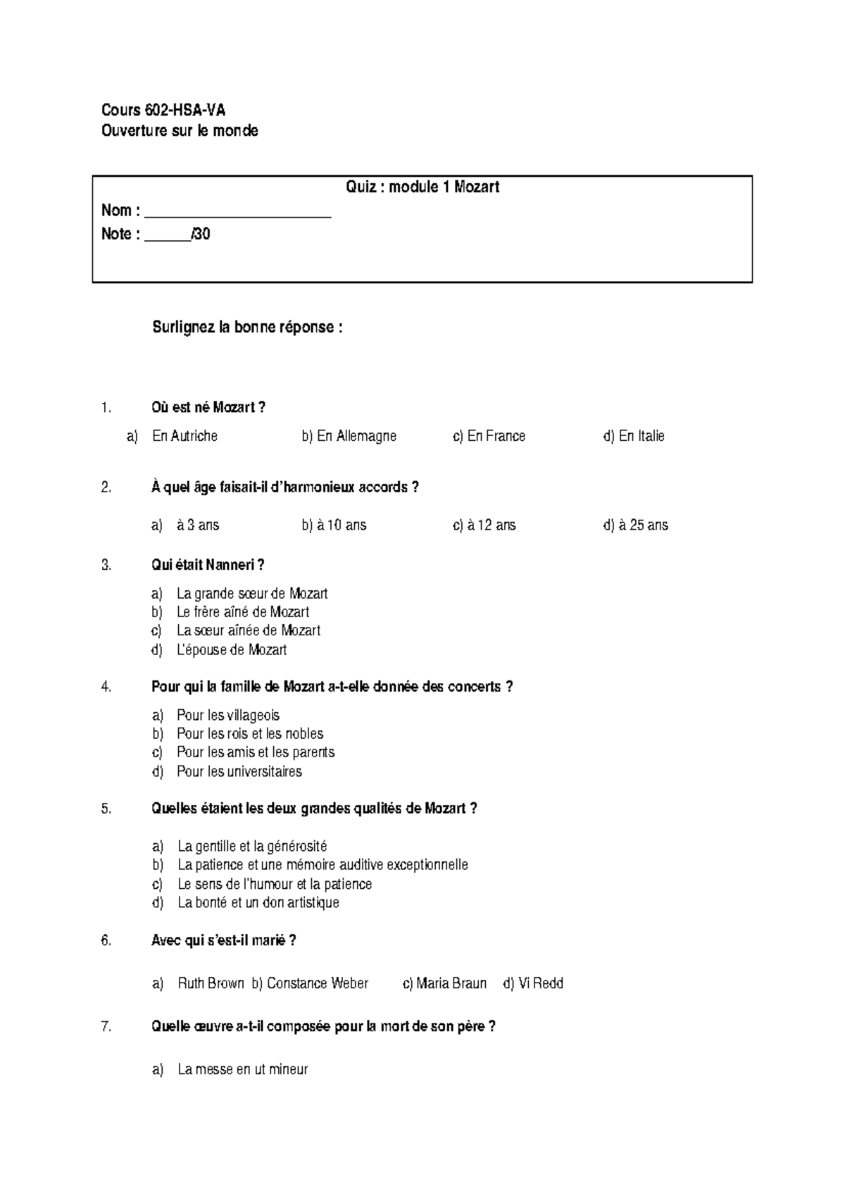 Quiz sur Mozart . French test on the text about Mozart - Cours 602-HSA ...
