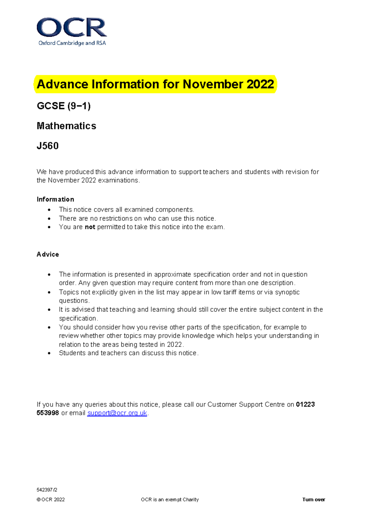 Nov 2022 Topic List GCSE Mathematics Advance Information - 542397 ...