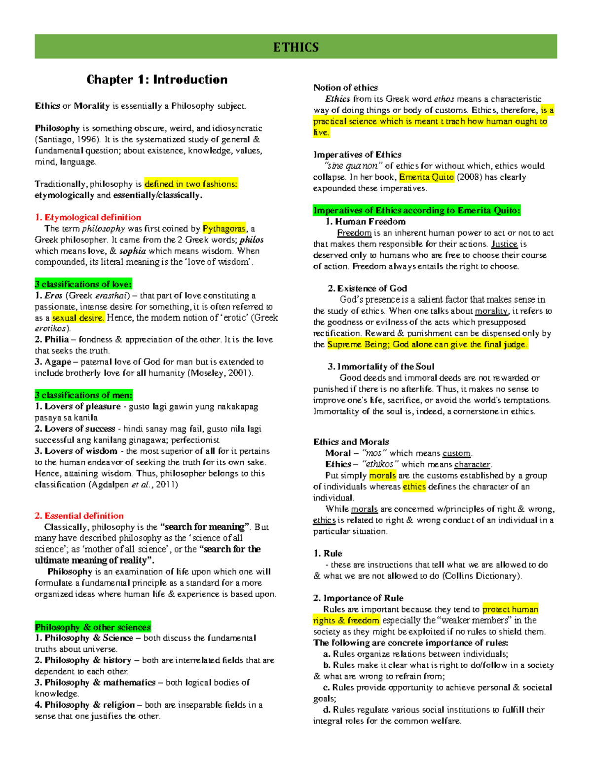 Ethics Reviewer - Chapter 1: Introduction Ethics or Morality is ...