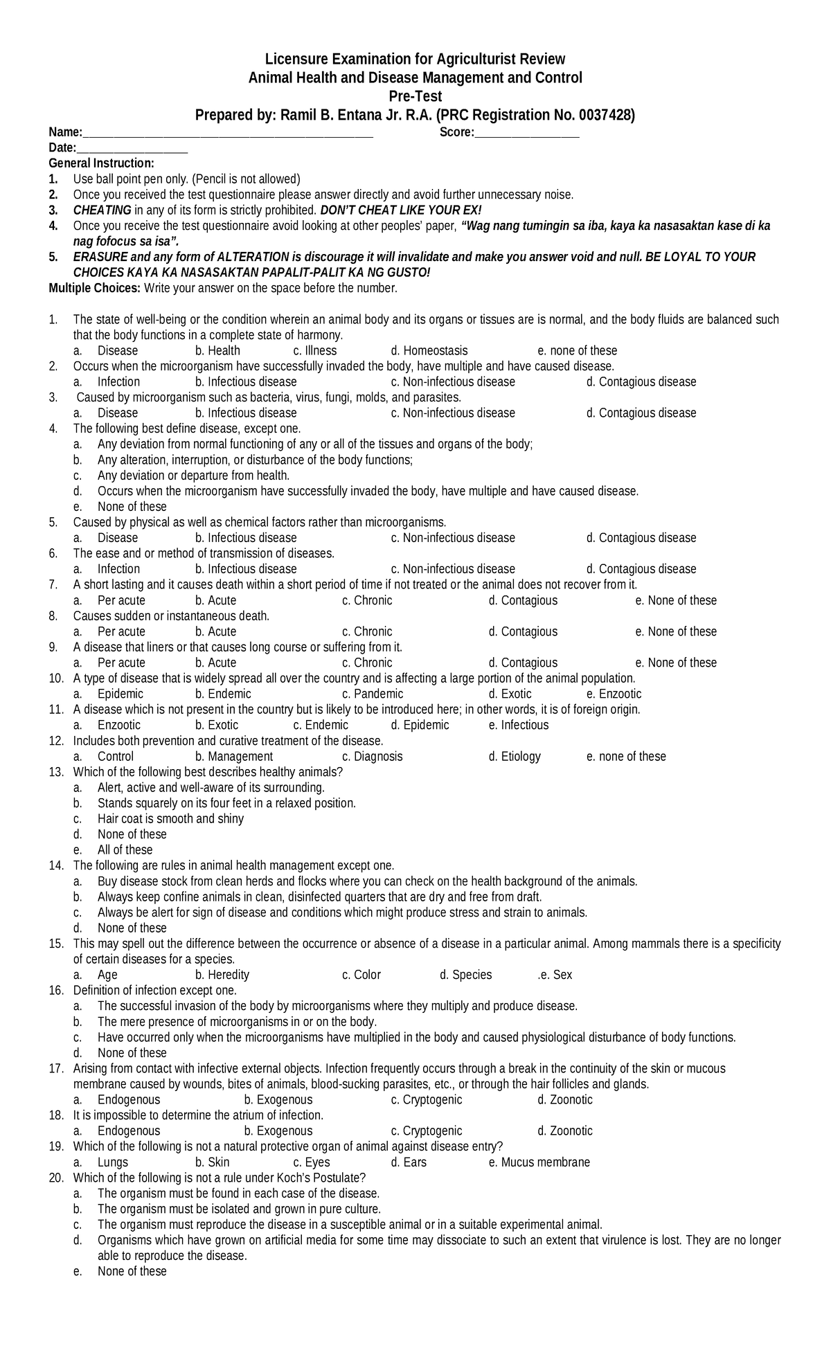 Pretest - Short pre- test - Licensure Examination for Agriculturist ...