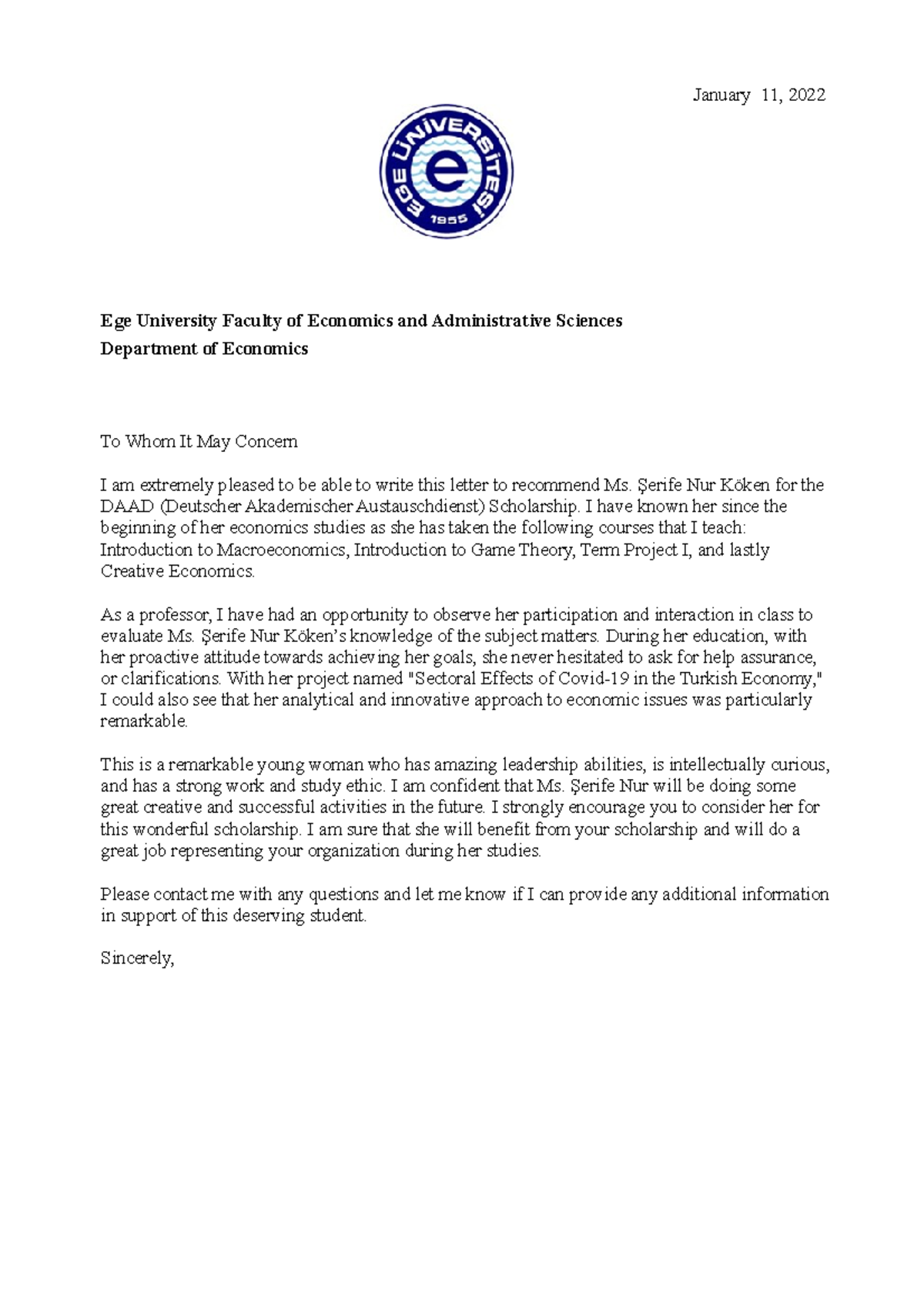 Şerife Nur Köken. Reference Letter - January 11, 2022 Ege University ...