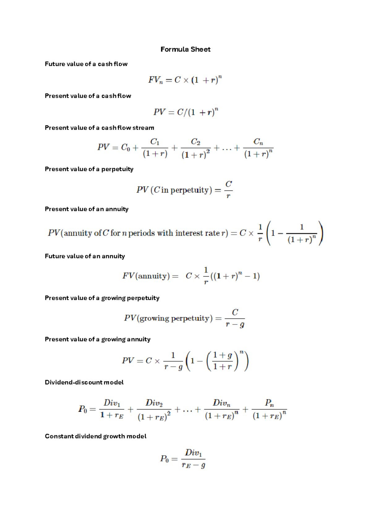 Formula Sheet - Intro to Finance - Formula Sheet Future value of a cash flow Present value of a ...