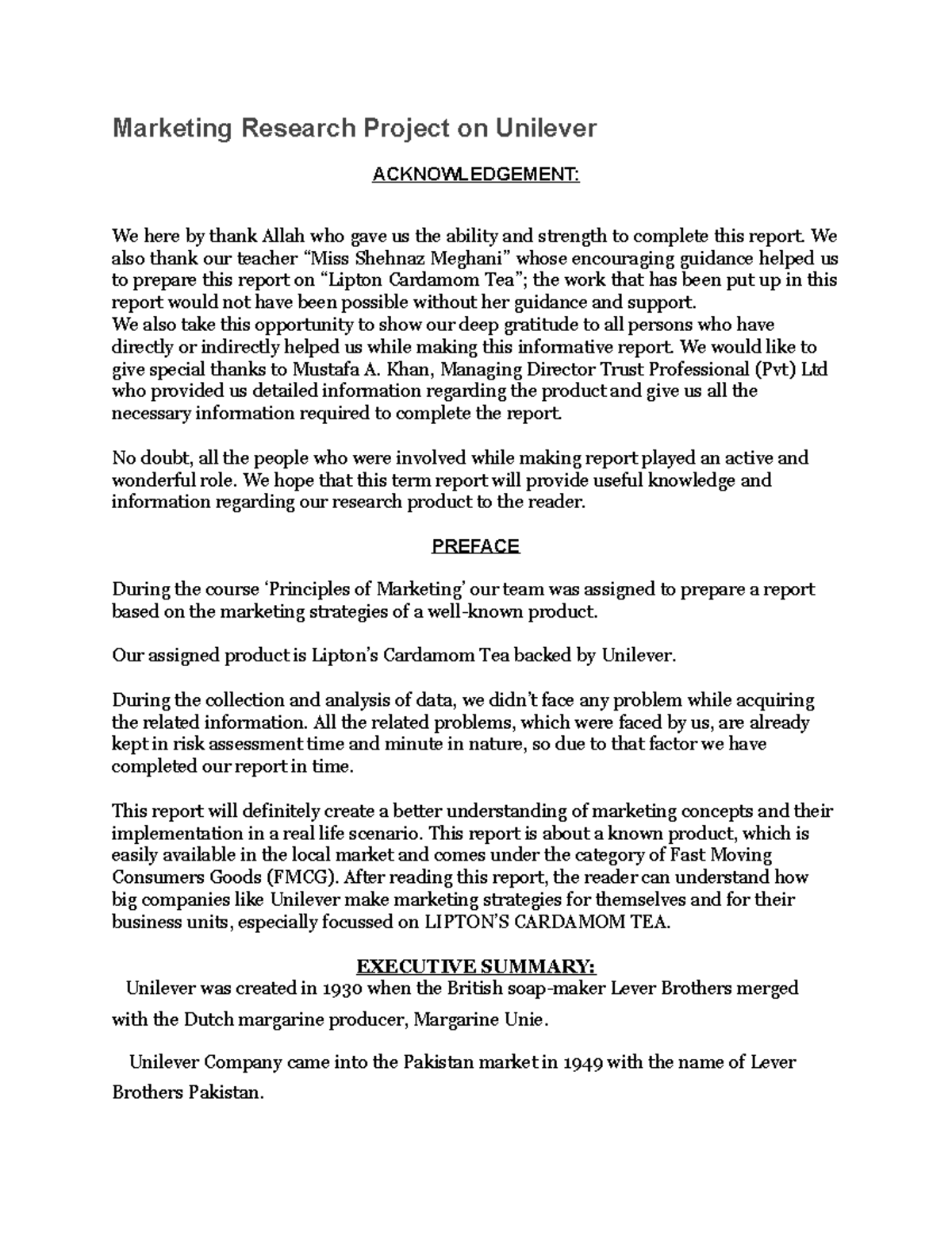 Marketing Research Project on Unilever - Marketing Research Project on ...