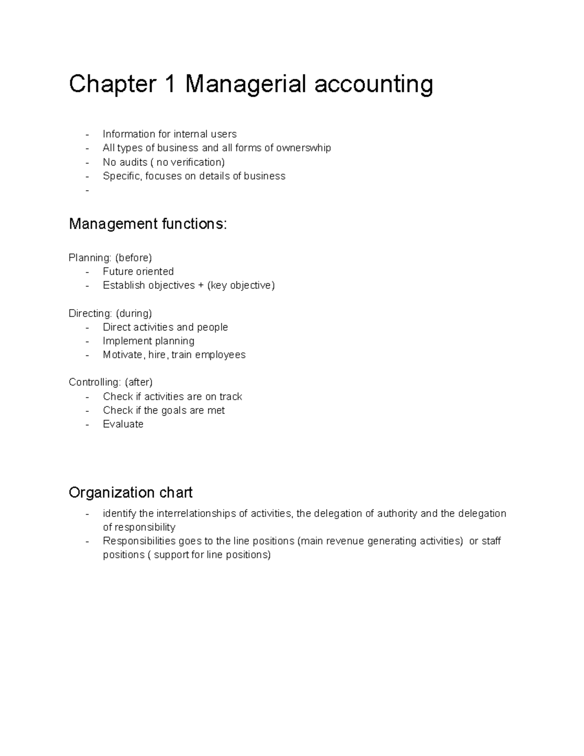 Comm 305 notes - Chapter 1 Managerial accounting - Information for ...