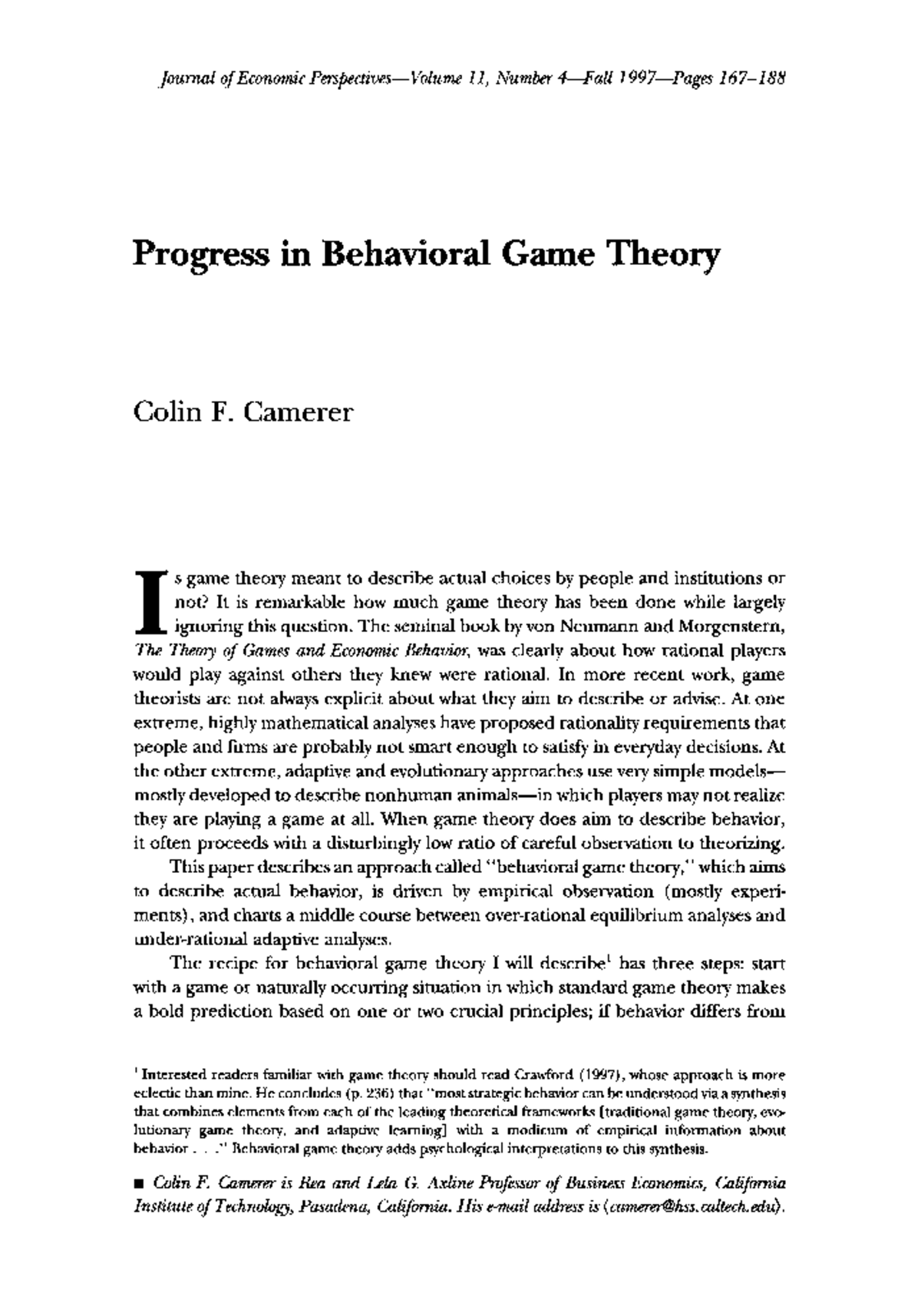 Camerer 2011 progress in behavioral game theory - Journal of Economic ...