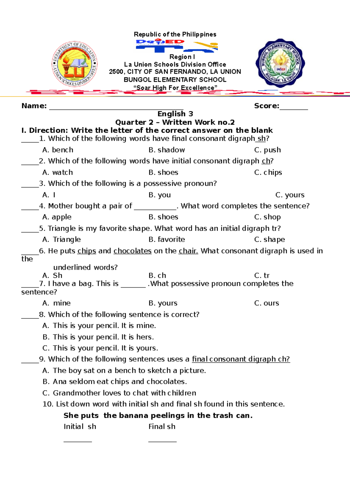English Written Test 2 Q2 - Republic of the Philippines Region I La ...