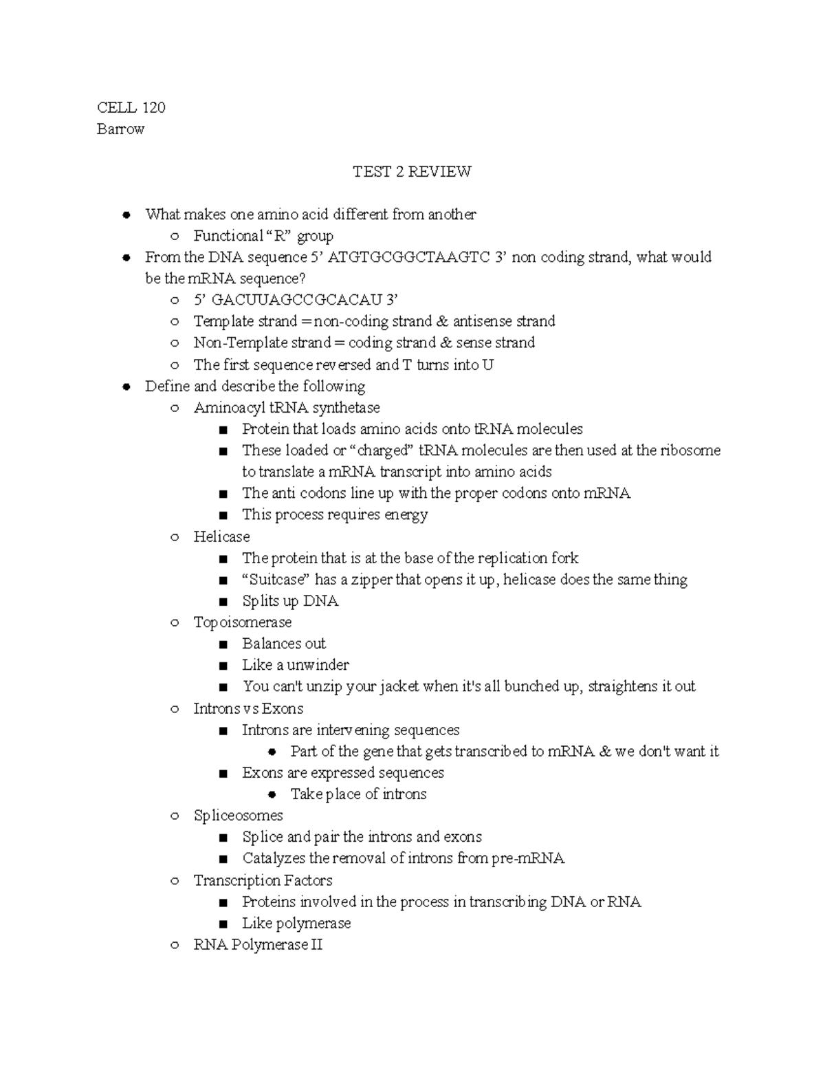 CELL test review - CELL 120 Barrow TEST 2 REVIEW What makes one amino ...