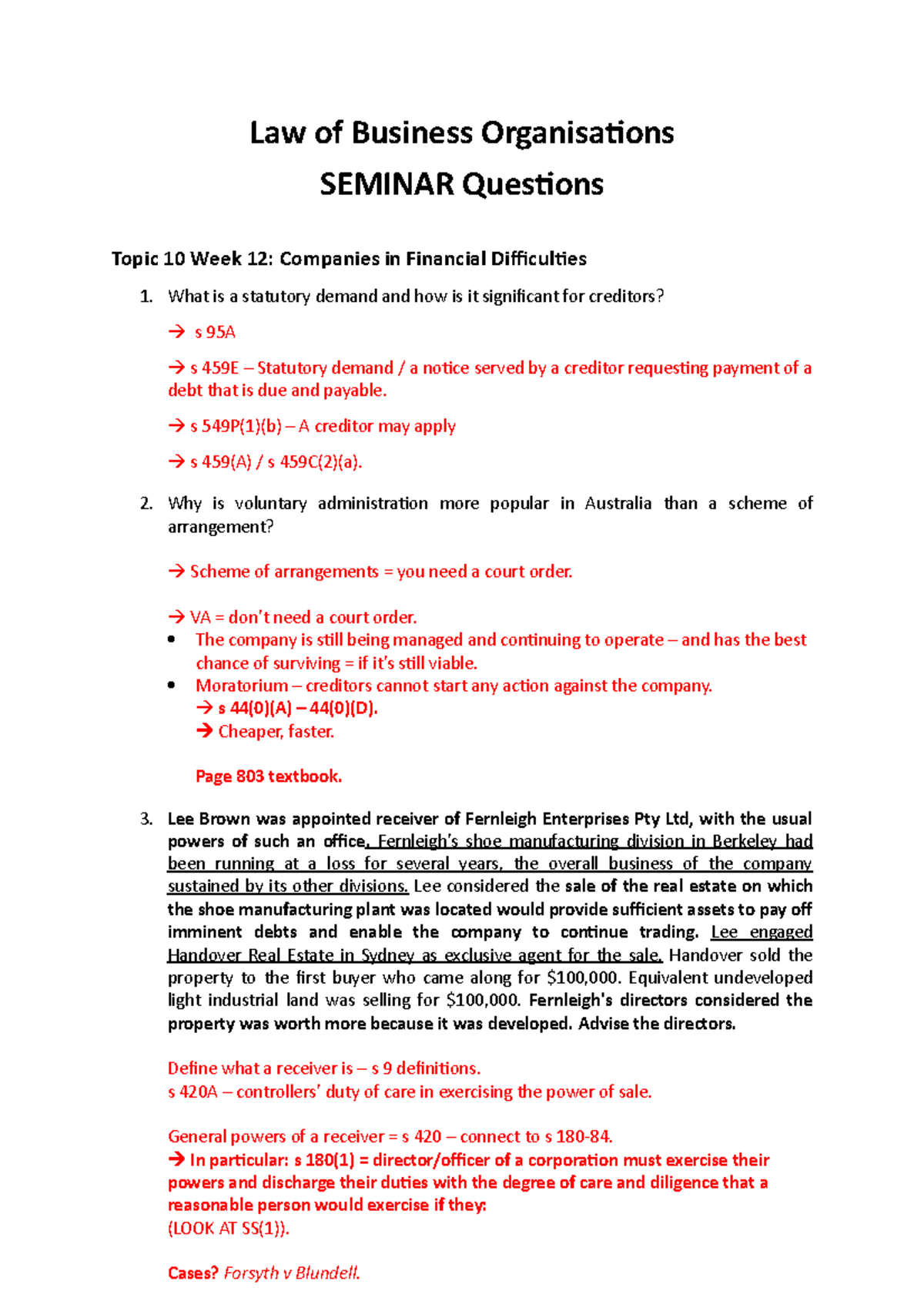 Seminar Questions Week 12 - Law of Business Organisations SEMINAR ...