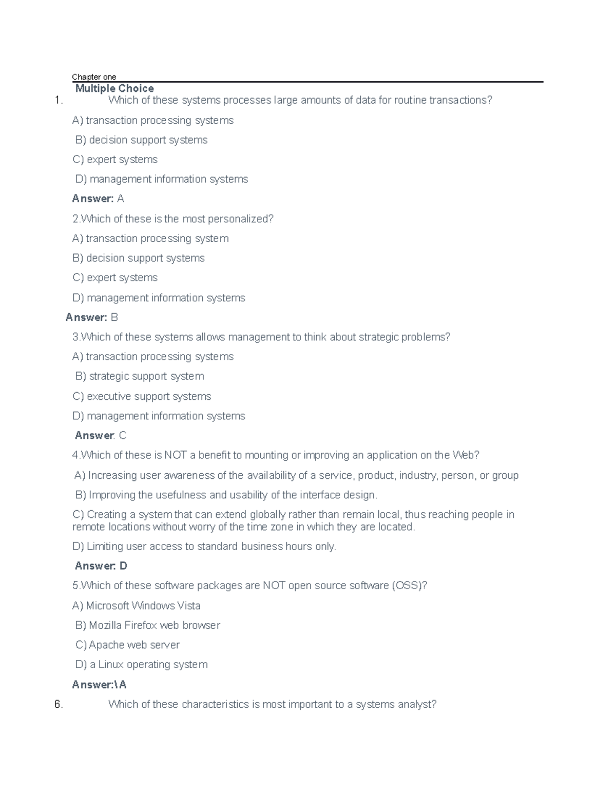 Systen analysis ch1 questions and ans - Chapter one Multiple Choice ...