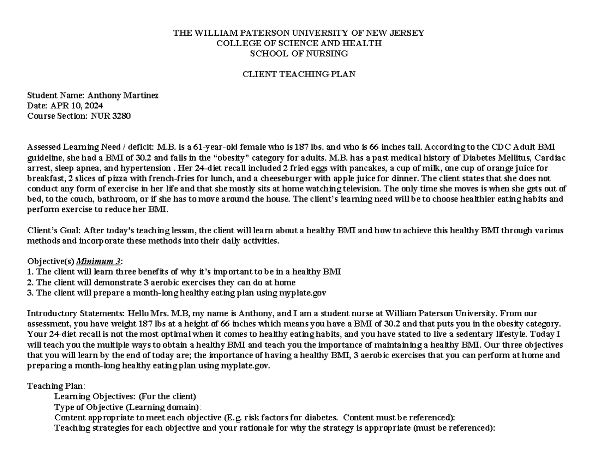 Teaching Plan template - THE WILLIAM PATERSON UNIVERSITY OF NEW JERSEY ...
