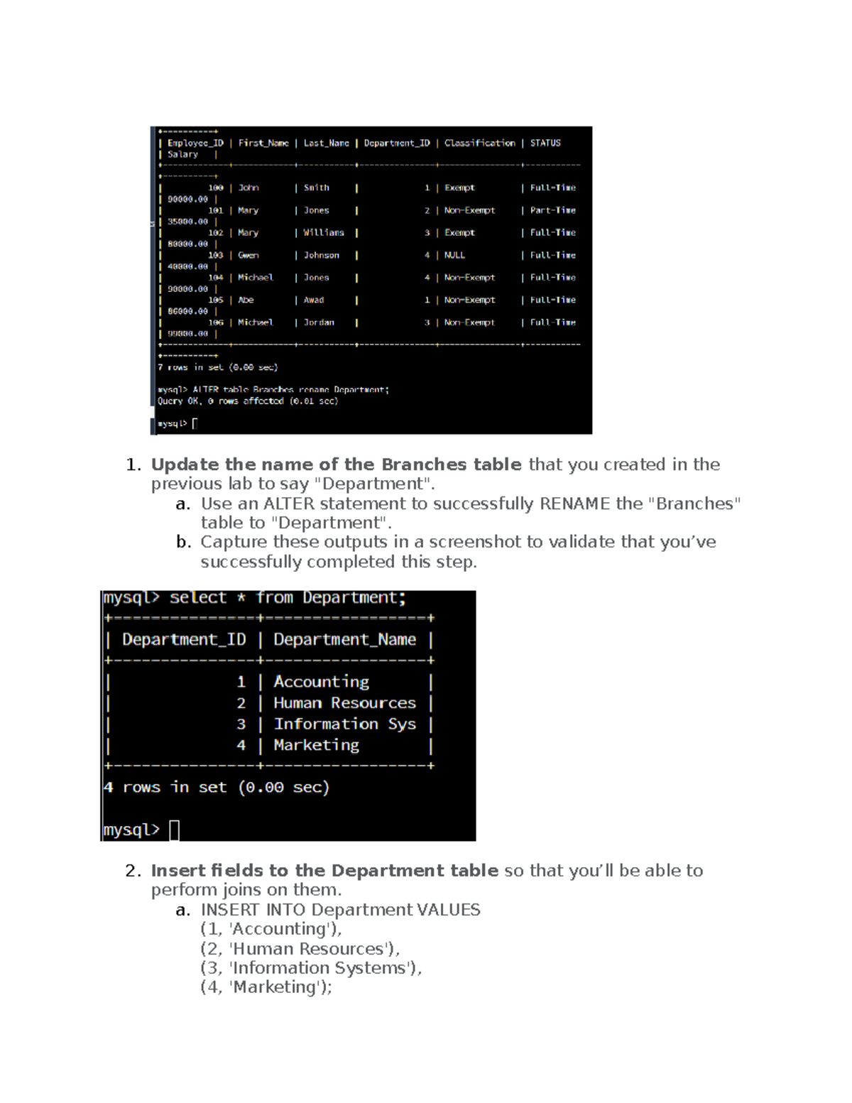 CYB 200 Module Three Lab - Update the name of the Branches table that you created in the ...