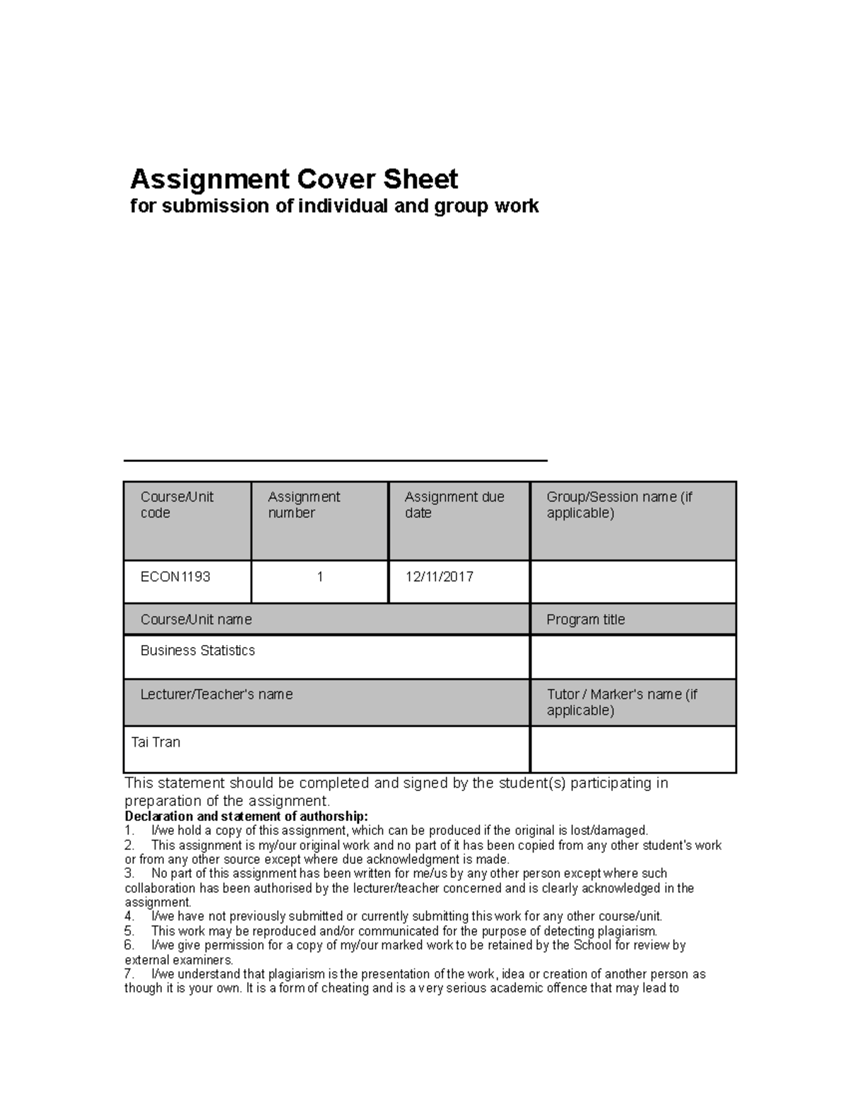Stats - assignments - Assignment Cover Sheet for submission of ...