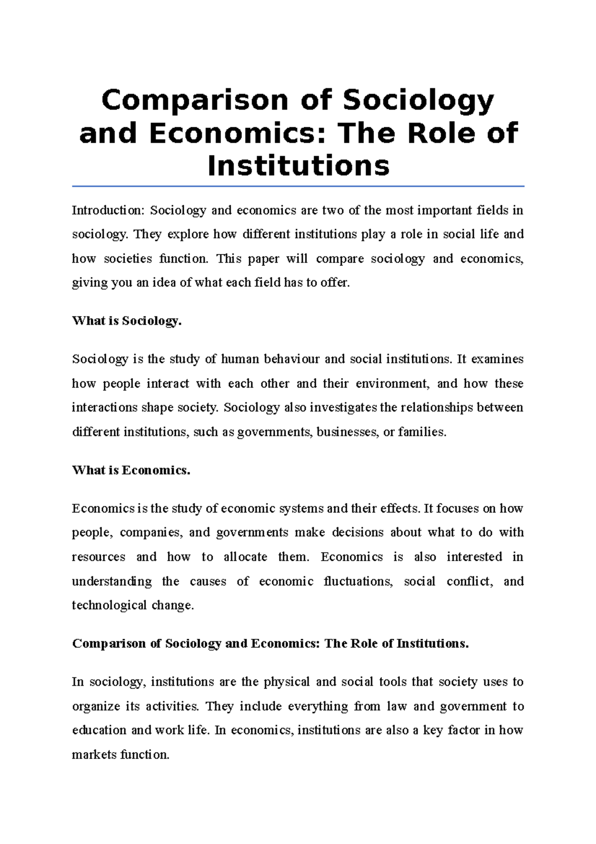 Comparison of Sociology and Economics, The Role of Institutions ...