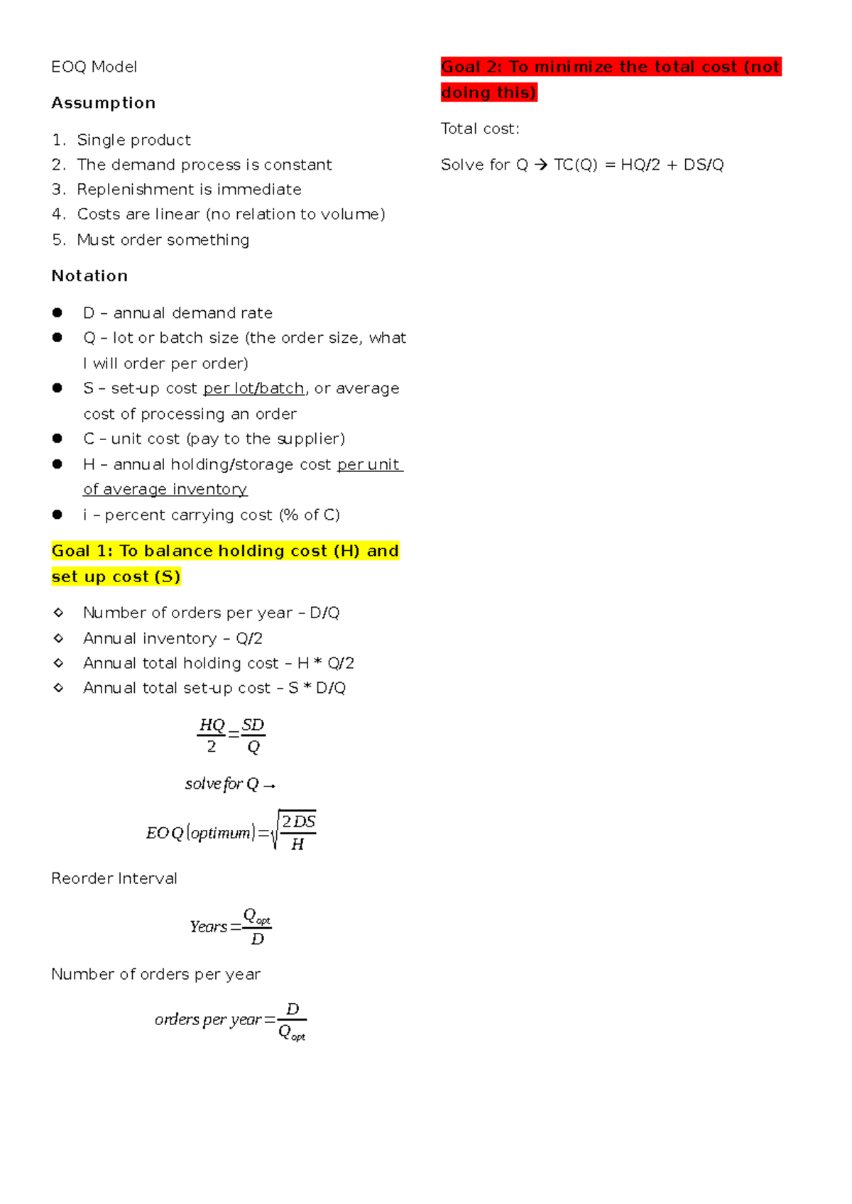 EOQ Model Lecture 17 - EOQ Model Assumption 1. Single product 2. The ...