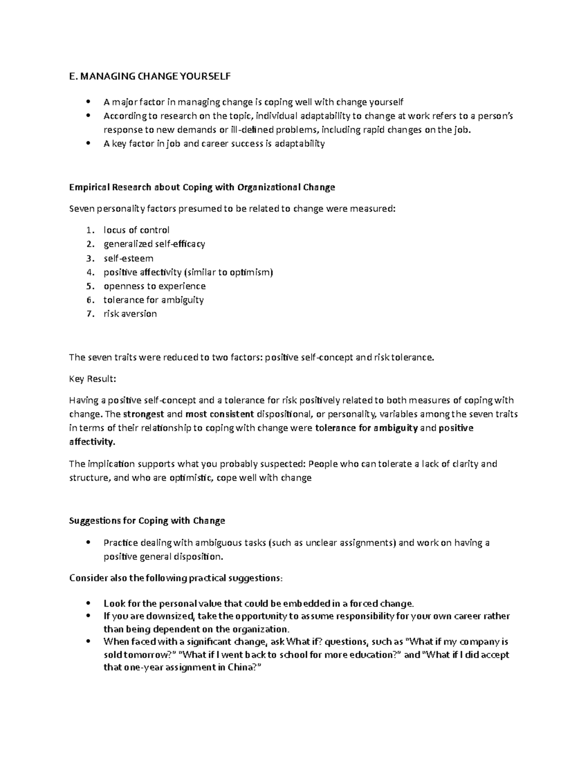 Managing- Change- Yourself - E. MANAGING CHANGE YOURSELF A major factor ...