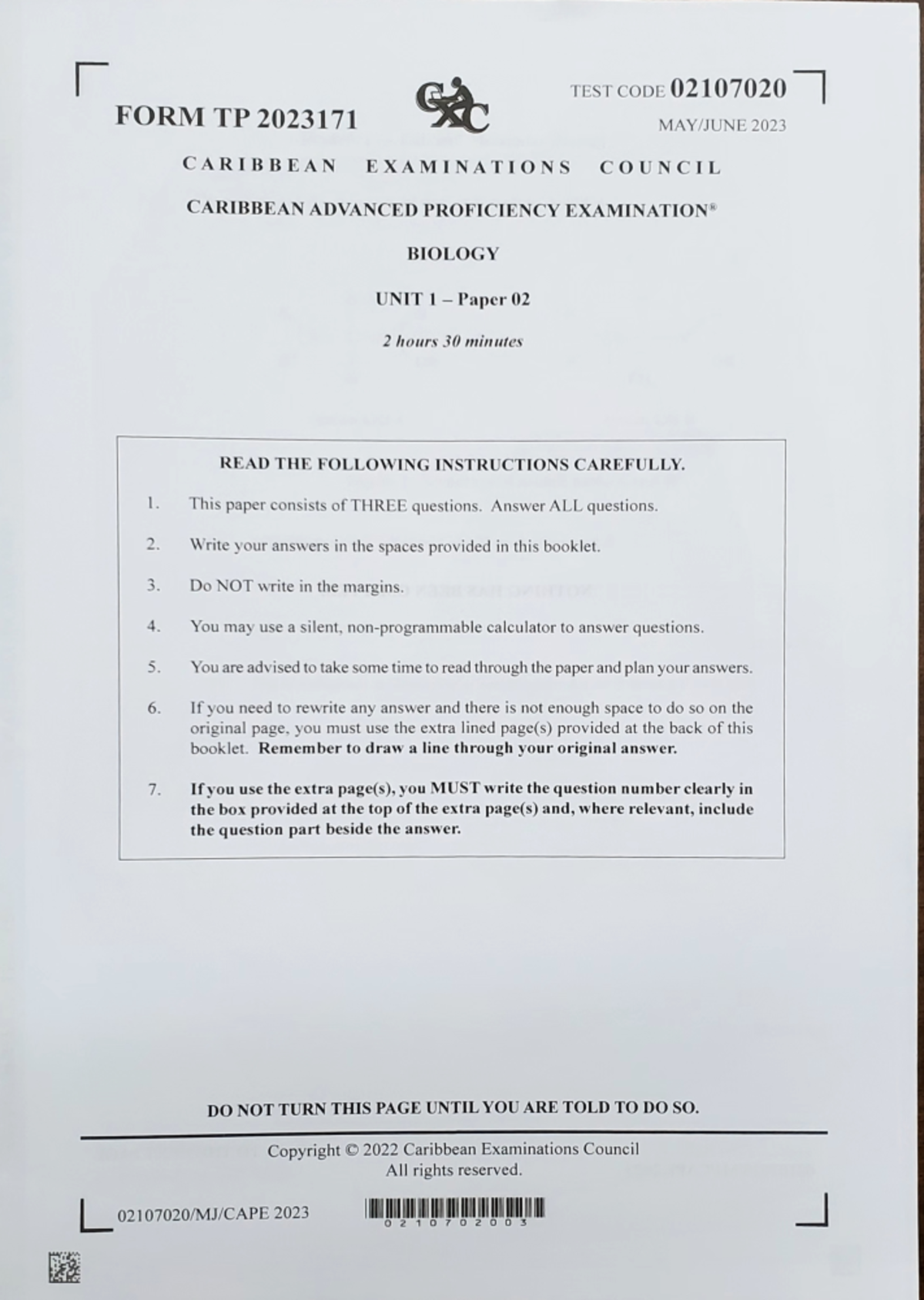 CAPE Biology U1 P2 2023 - June 2023 paper. - biology - Studocu