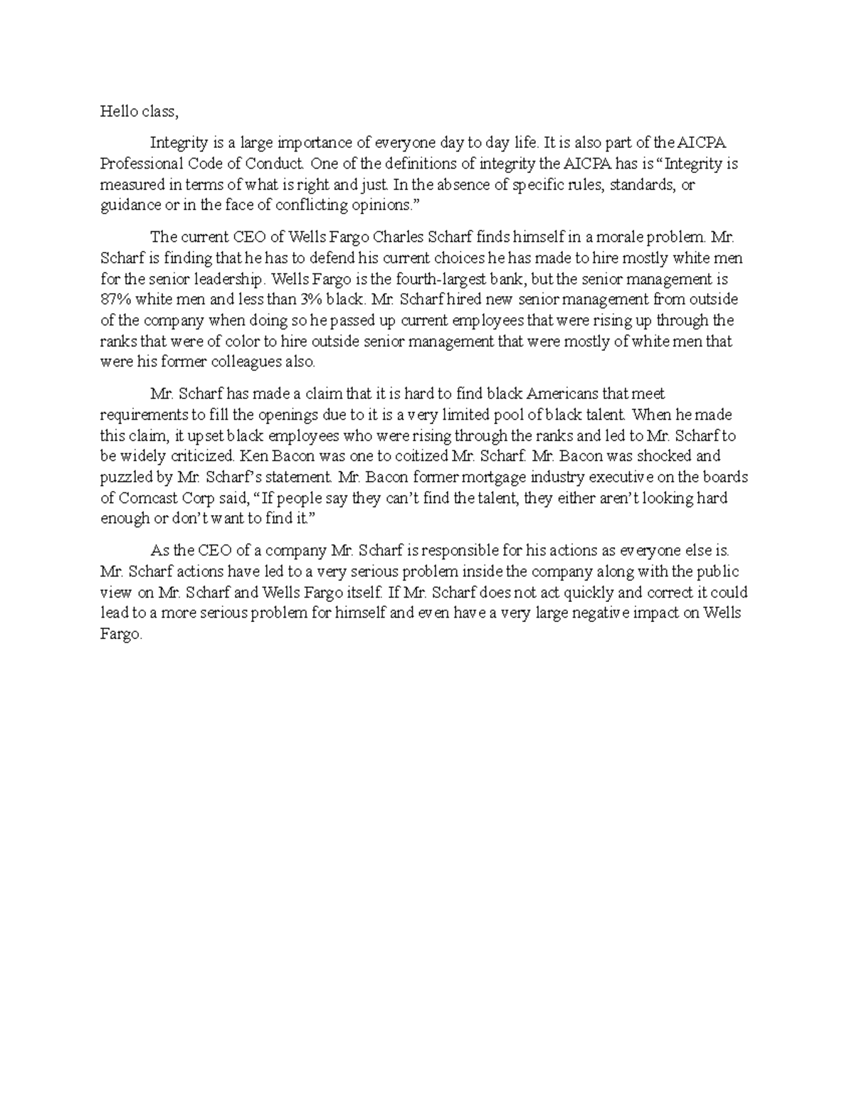 ACC 202 Week 6 - Week 6 - Hello class, Integrity is a large importance ...