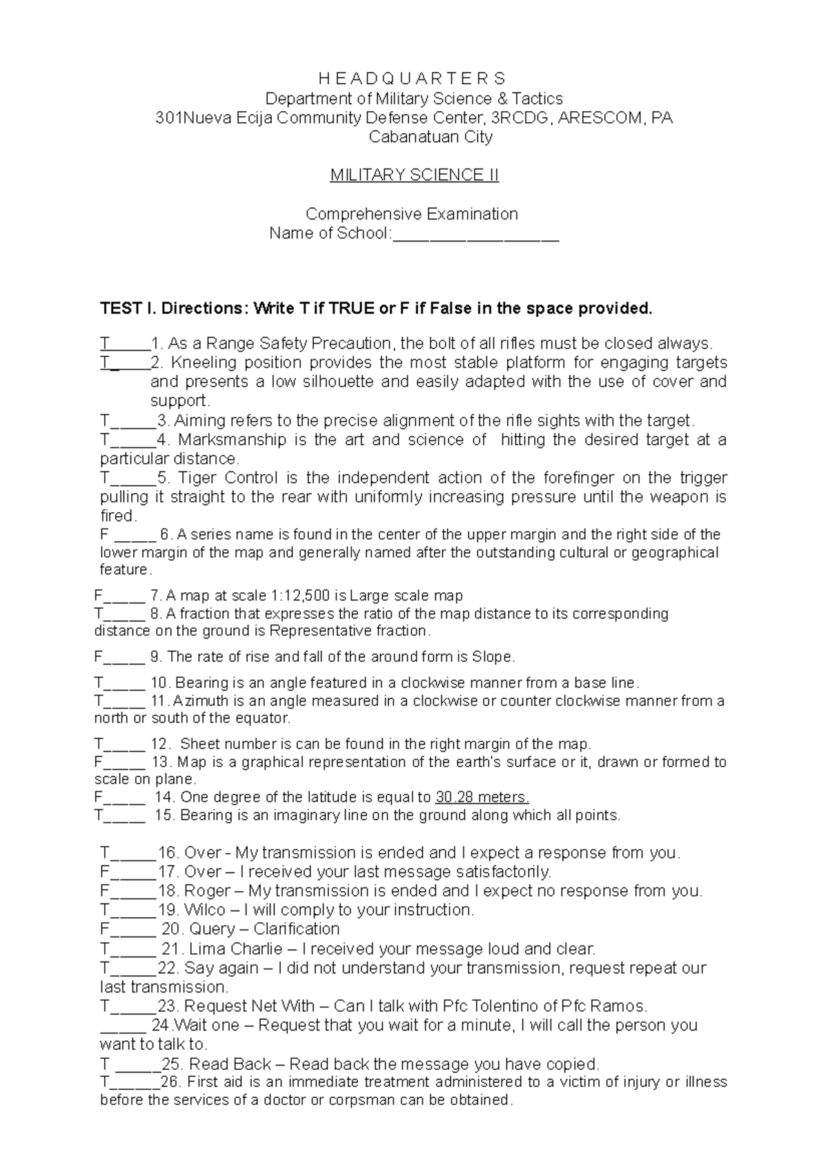 MS-II-Compre - MILITARY SCIENCE II - H E A D Q U A R T E R S Department ...