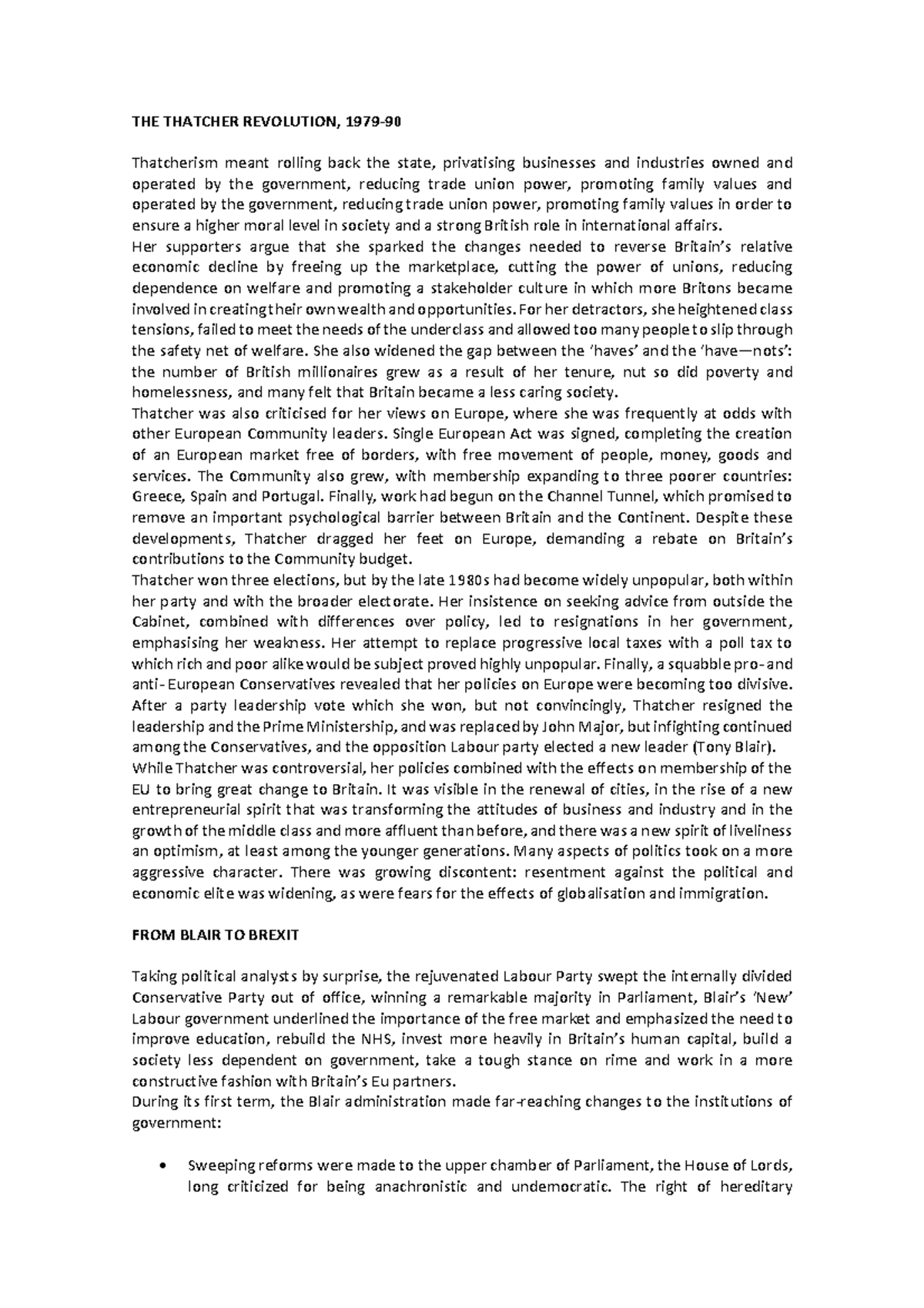 Cultura - The Tatcher Revolution; From Blair to Brexit. - THE THATCHER ...