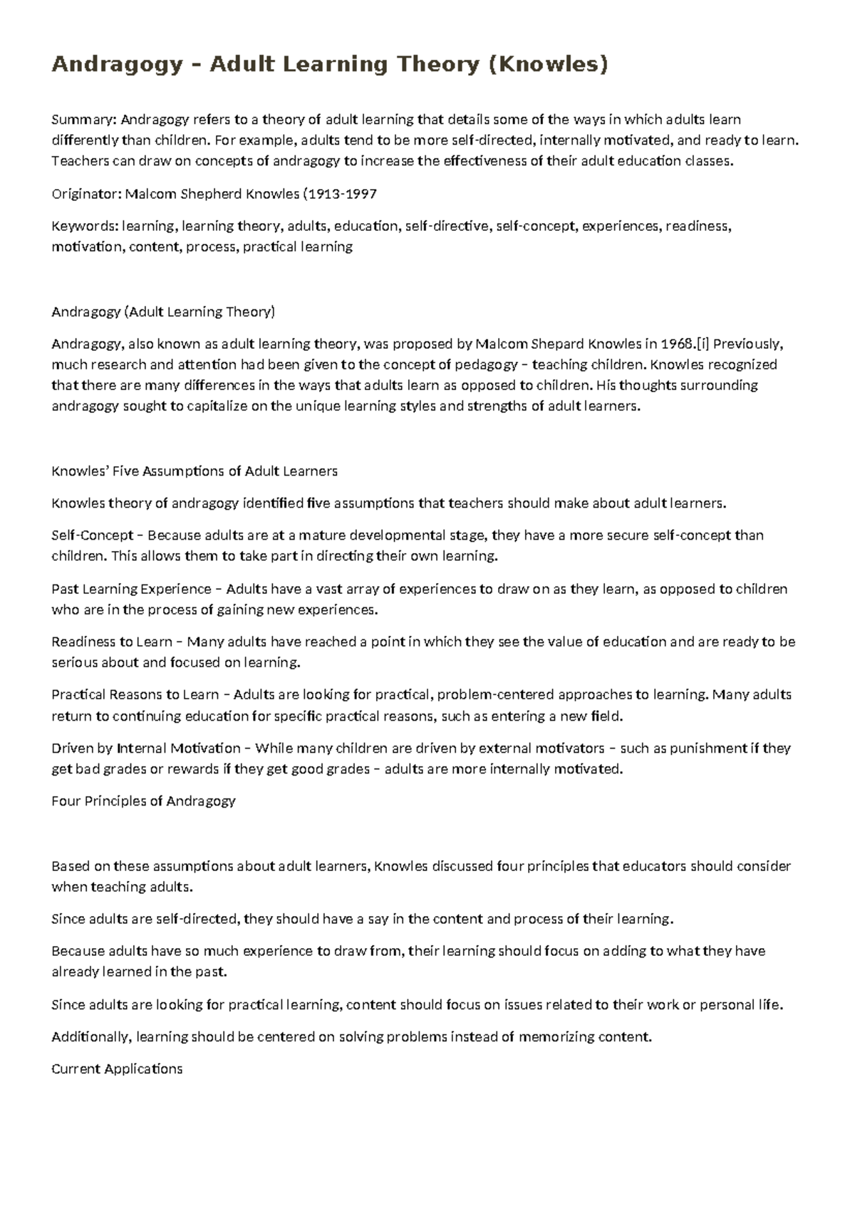 Andragogy Knowles - Andragogy – Adult Learning Theory (Knowles) Summary ...