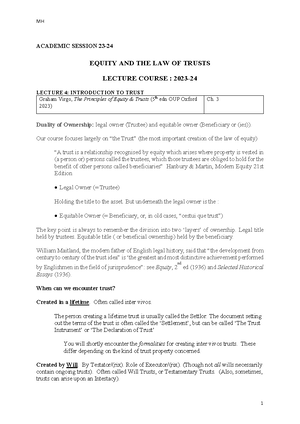 Lecture 4-Introduction to Trust - EQUITY & TRUSTS SEMESTER A The Trust ...