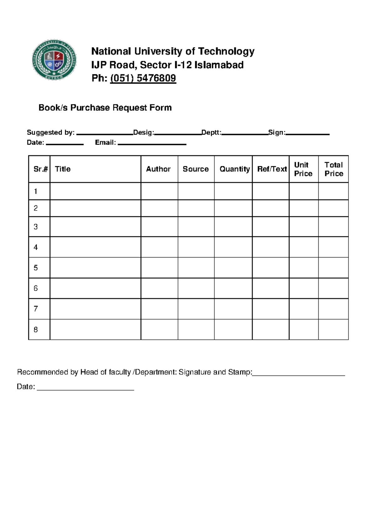 Books Purchase Request Form - General Science - National University of ...