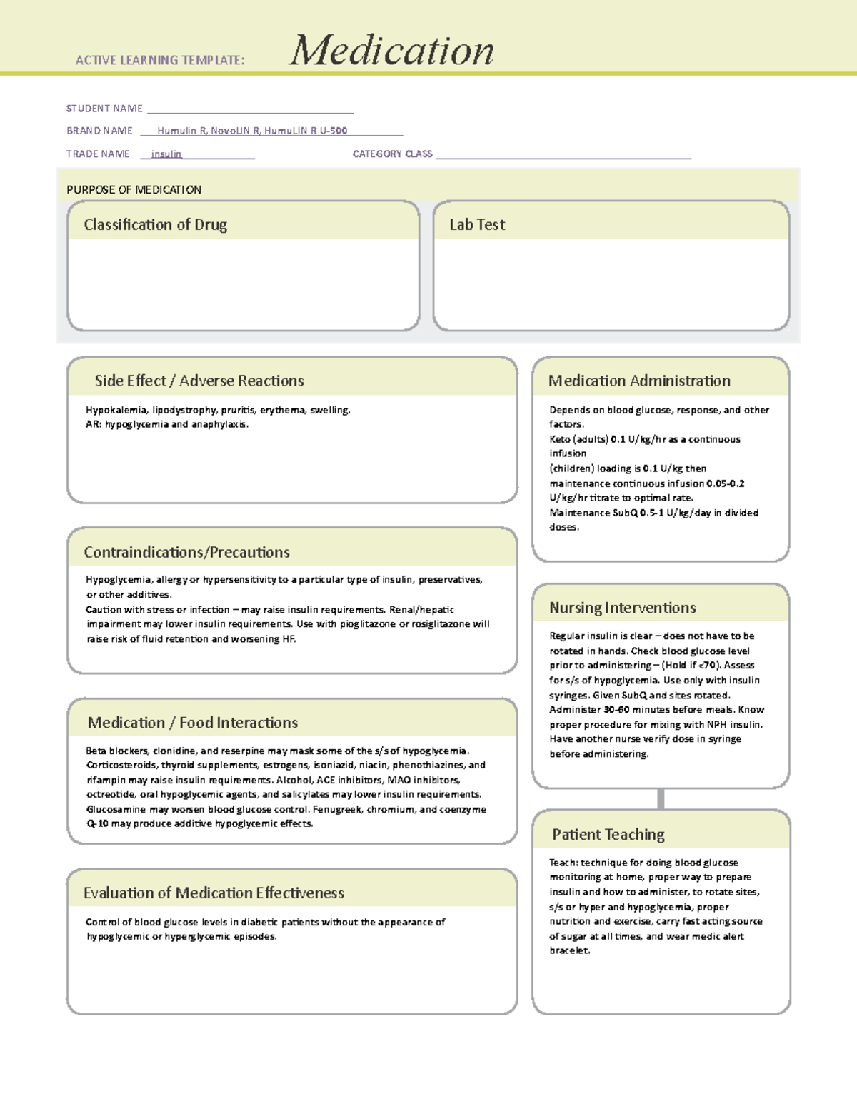Humulin R insulin - hemline med sheet - STUDENT NAME