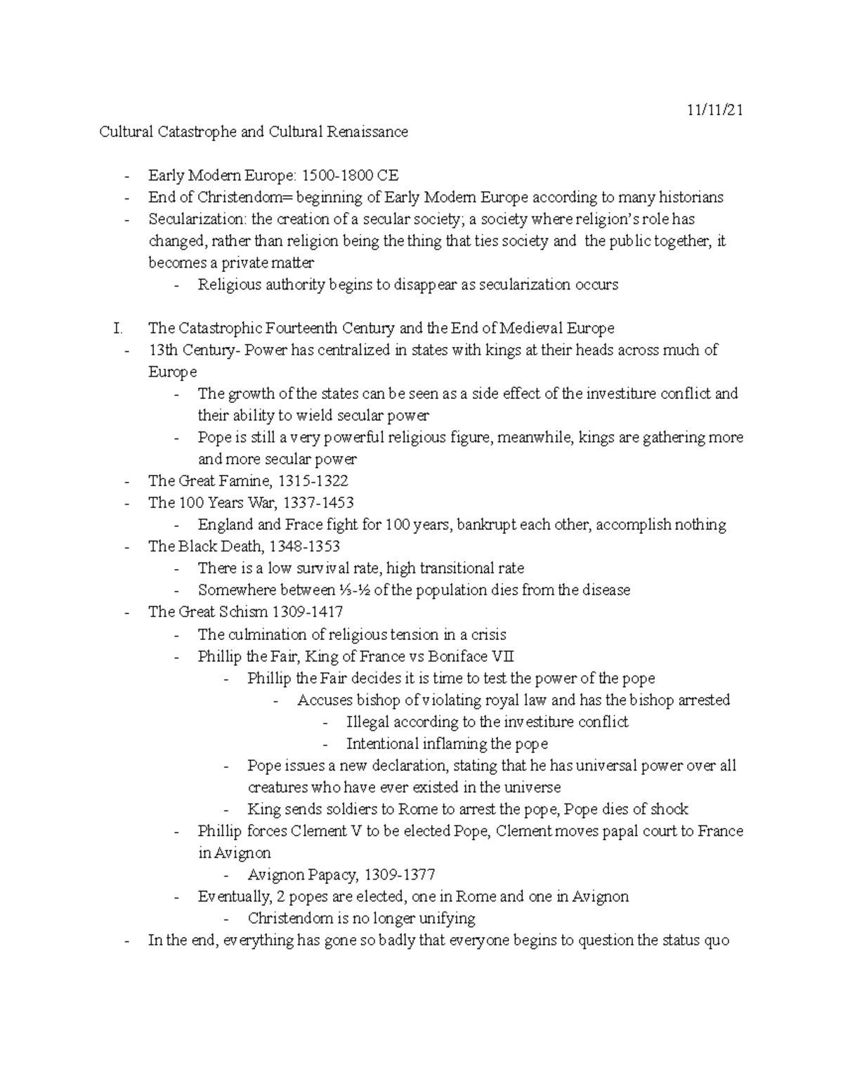 West and the World to 1750 Lecture Notes Unit 3 - 11/11/ Cultural ...