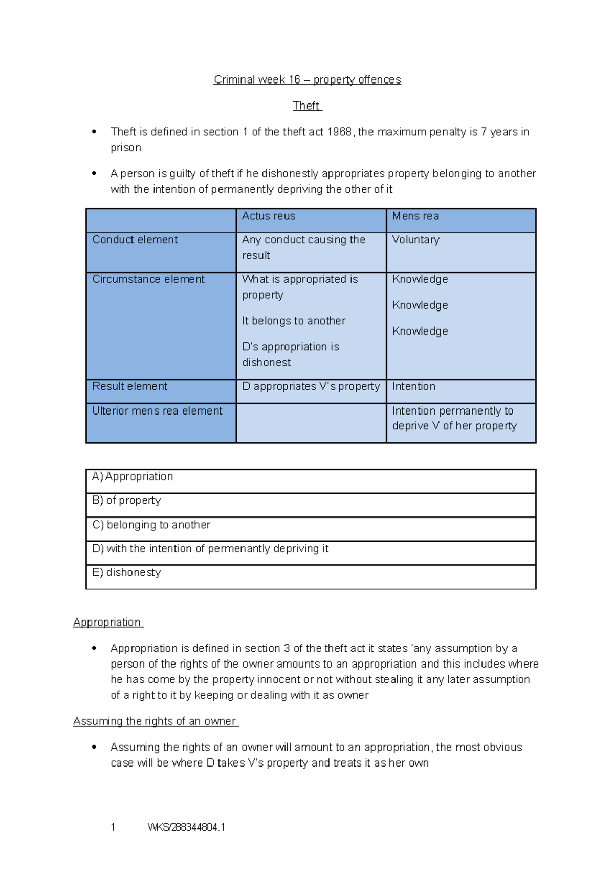 Criminal law - Theft - Criminal week 16 – property offences Theft Theft ...