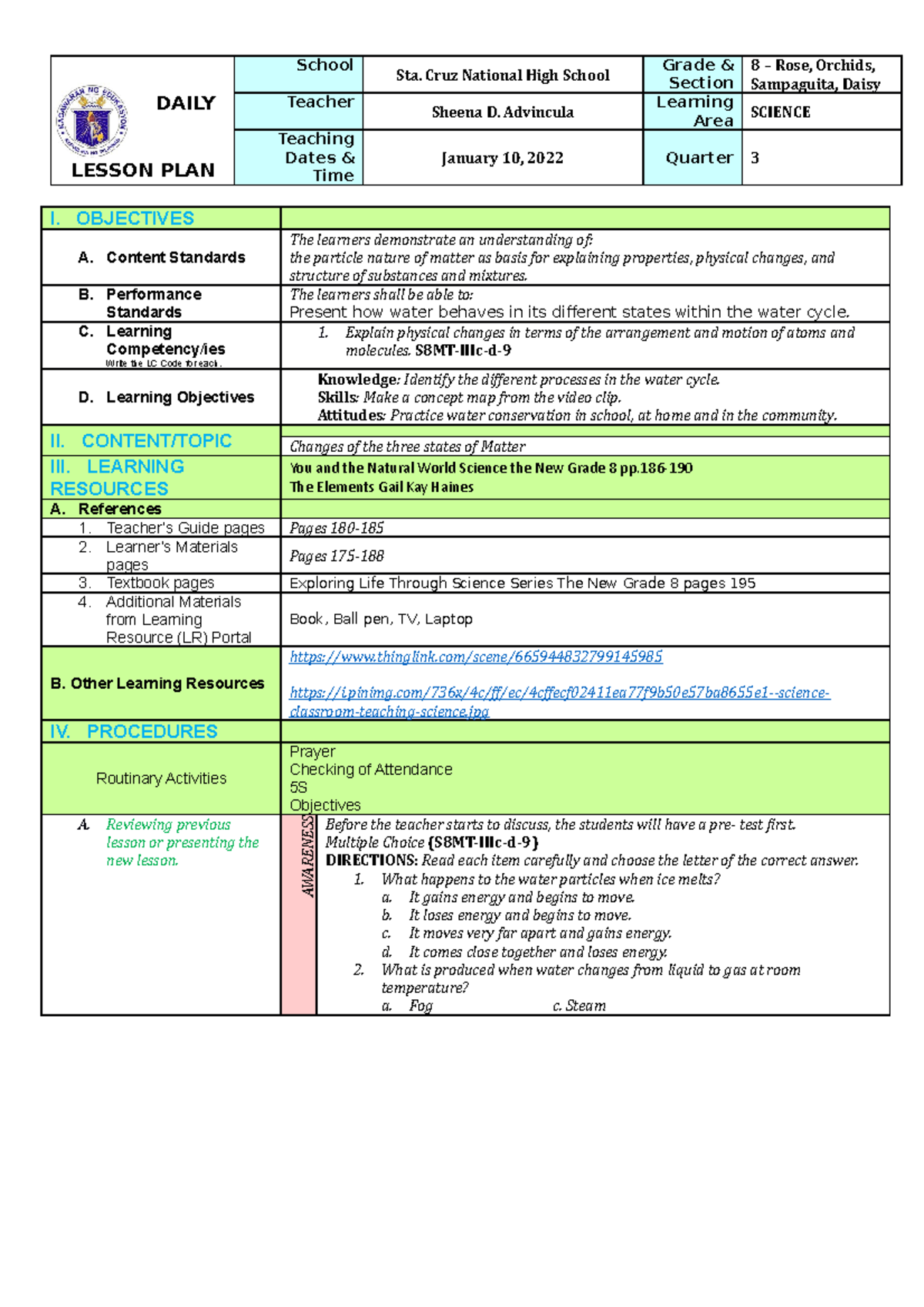 THE Water Cycle Copy - DAILY LESSON PLAN School Sta. Cruz National High ...