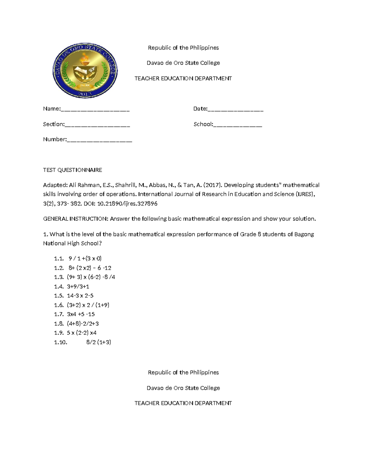Research questionnaire quali and quanti - Republic of the Philippines ...