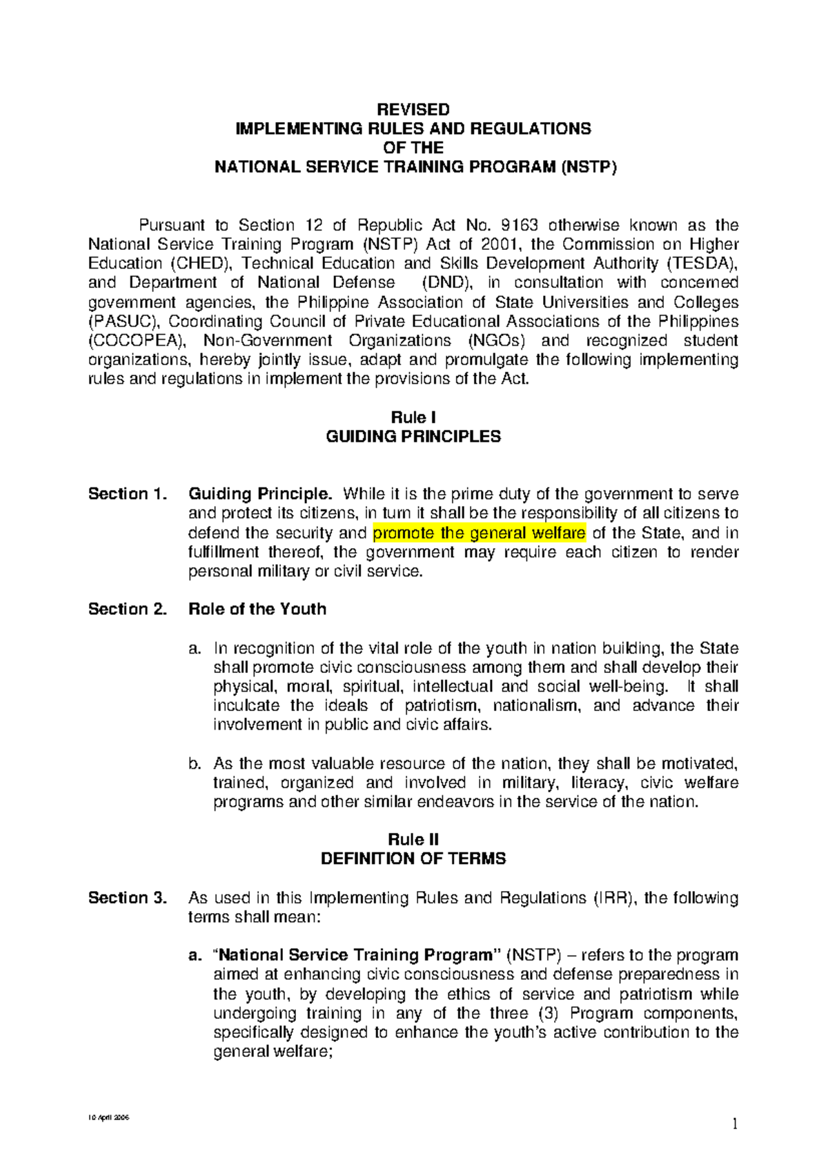 Revised Implementing Rules AND Regulation 10 April 2006 REVISED