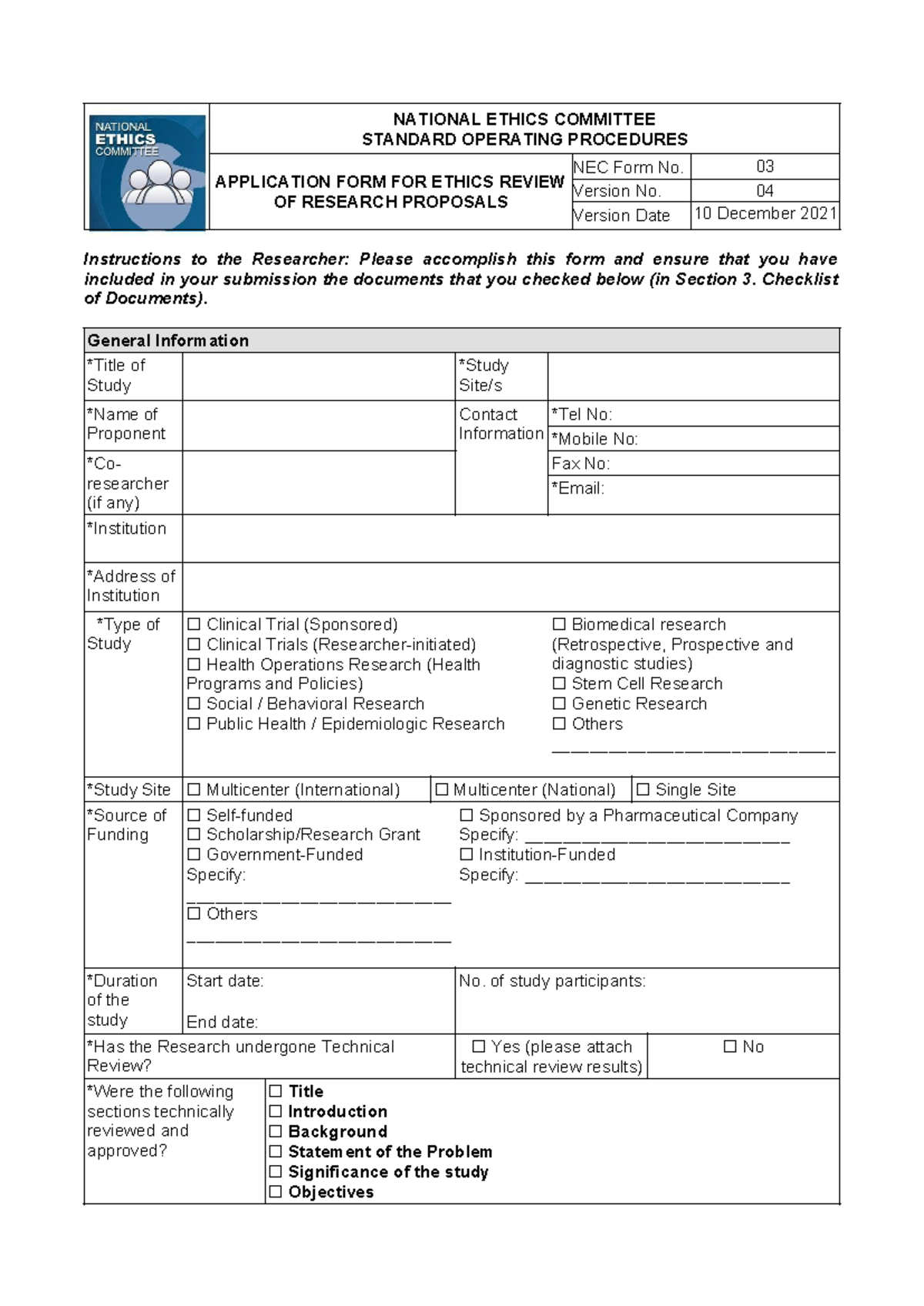 NEC FORM 03 Application Form for Ethics Review - FORM 03: APPLICATION ...