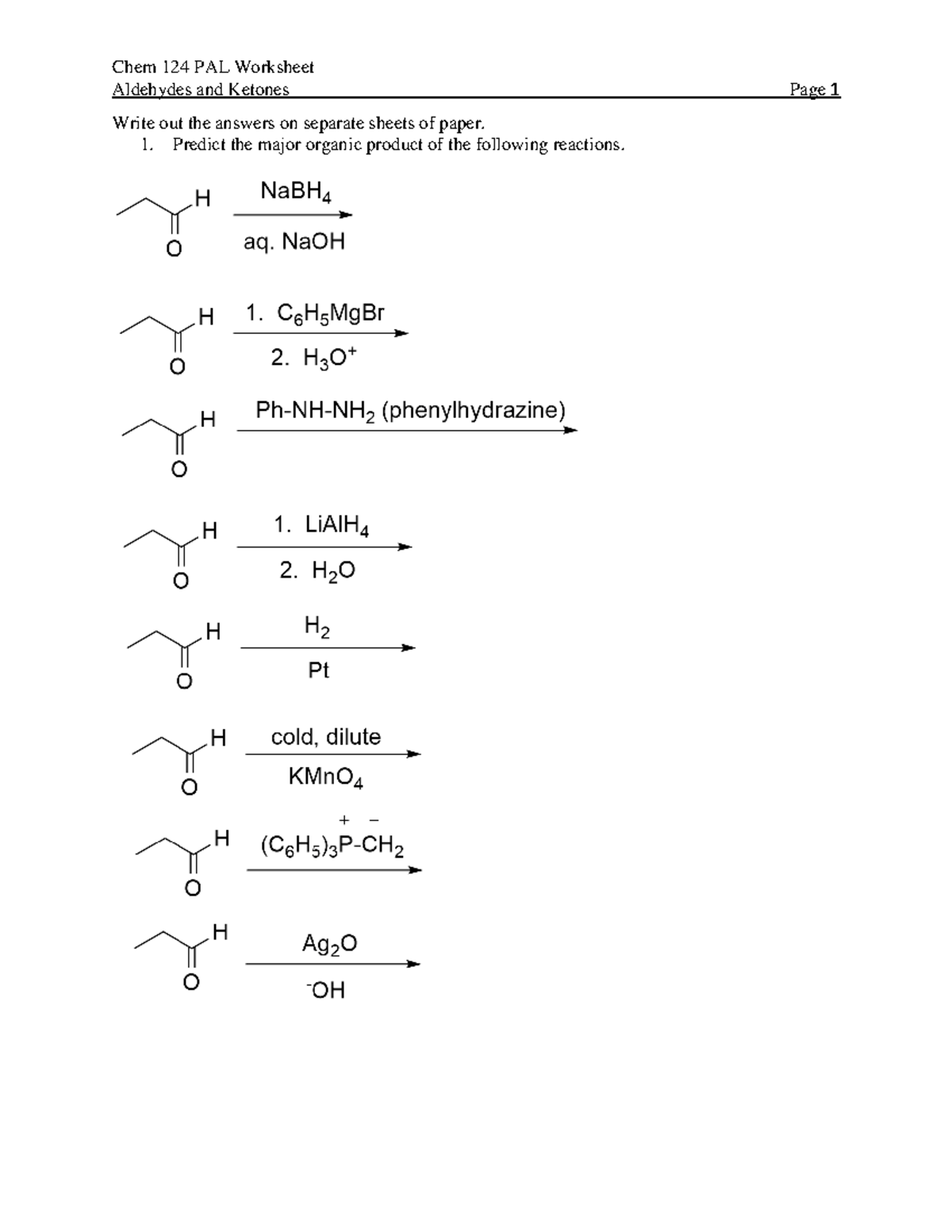 Chem 124 pal worksheet aldehydes and ketones - Aldehydes and Ketones ...