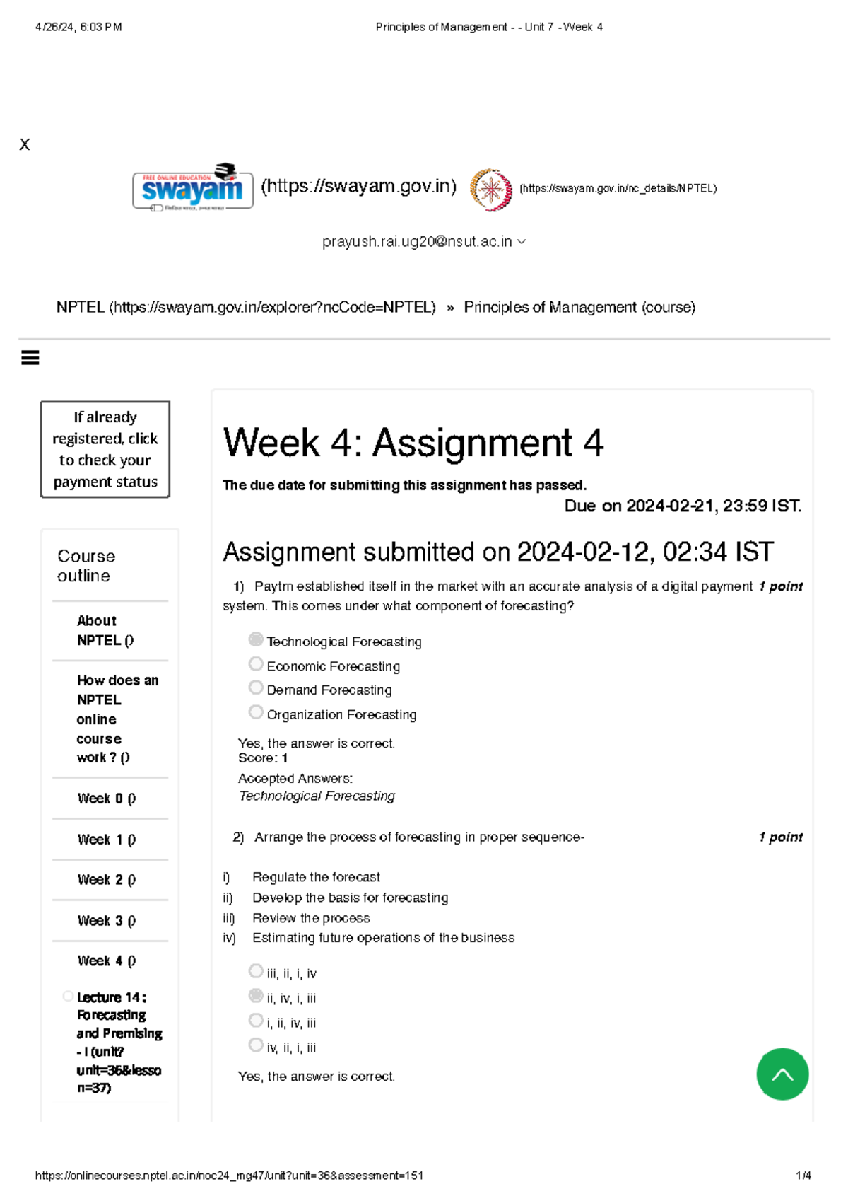 Principle of Management NPTEL 2024 - X NPTEL (swayam.gov/explorer ...
