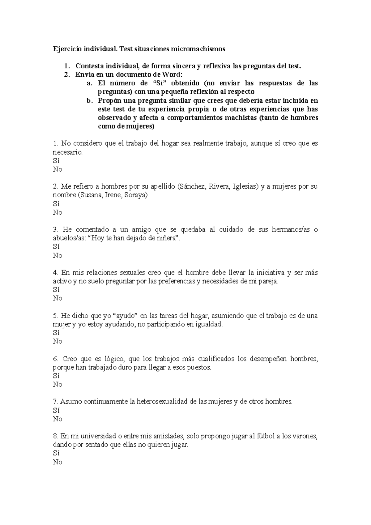 Test situaciones micromachismos - Ejercicio individual. Test ...