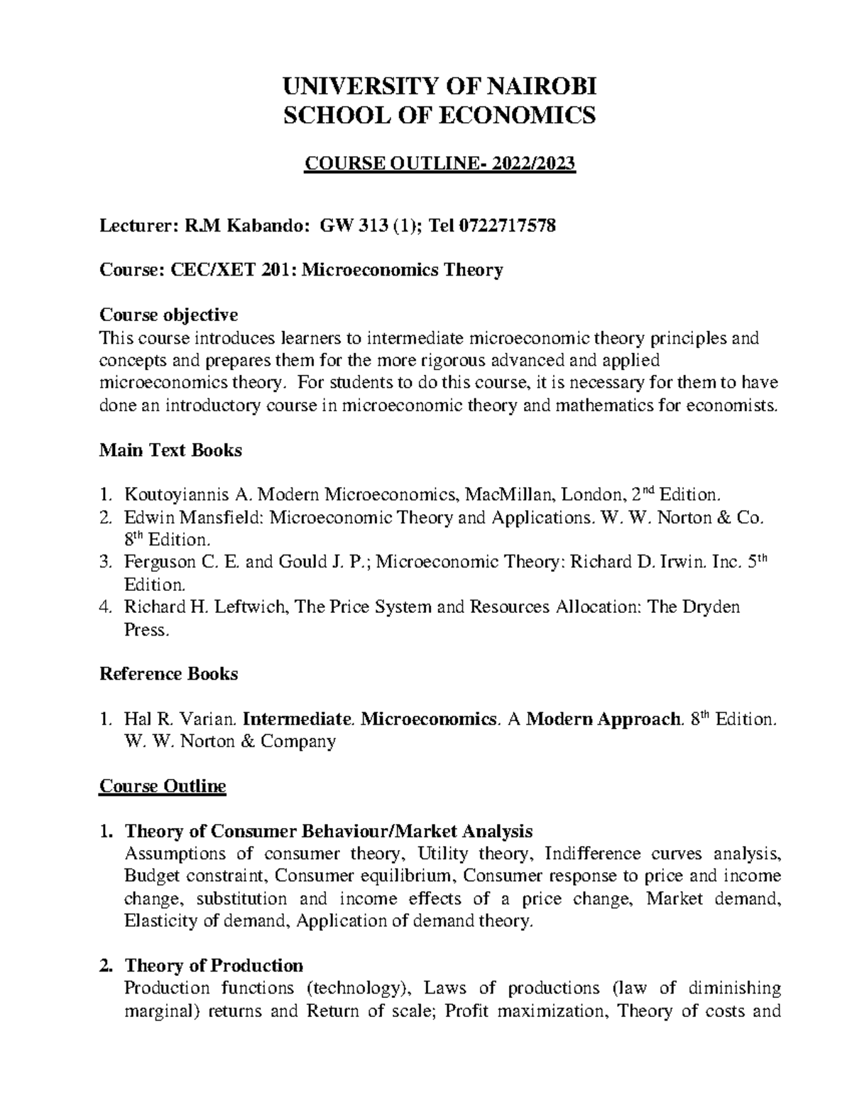Course outline for Micro Economics - UNIVERSITY OF NAIROBI SCHOOL OF ...