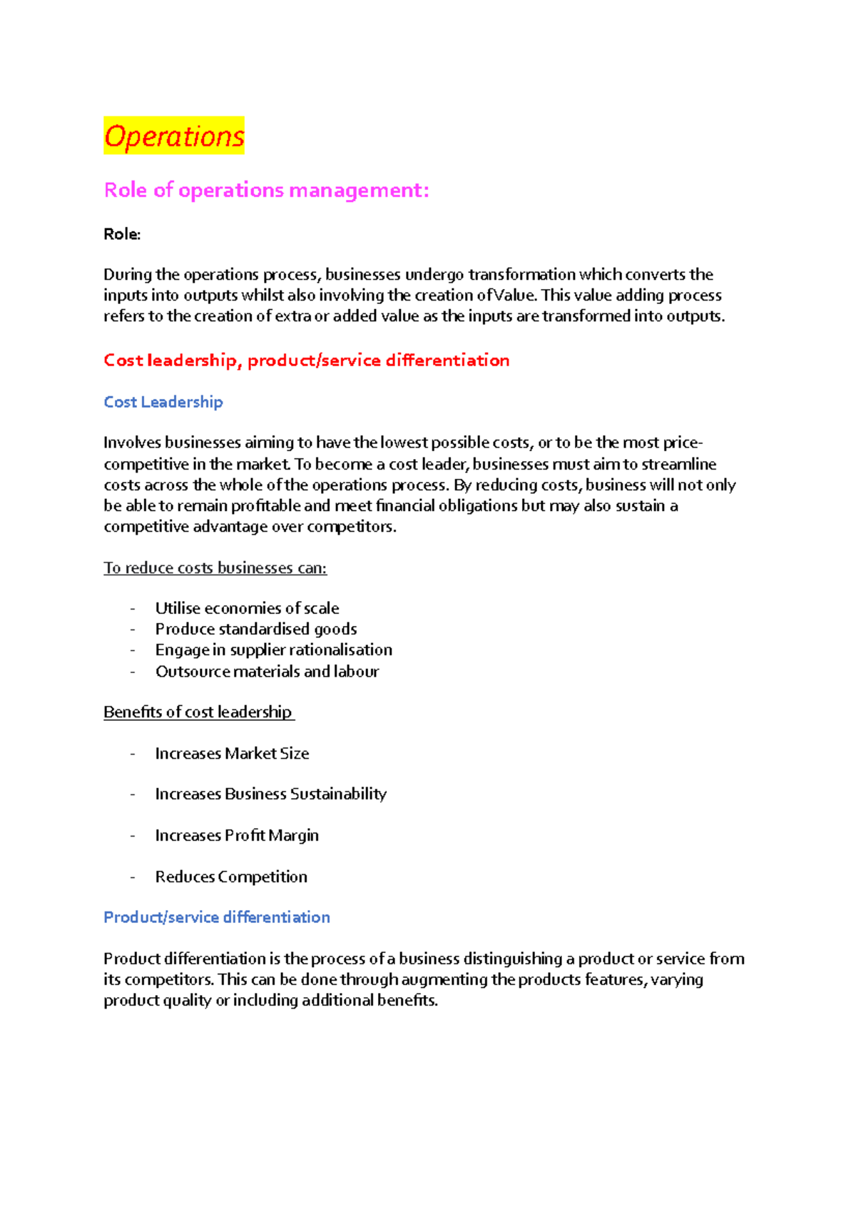 Operations - Ops Notes - Operations Role of operations management: Role ...